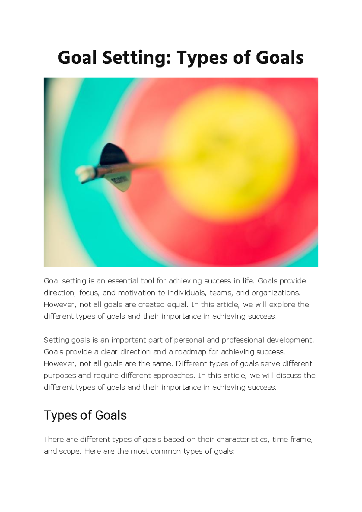 Goal Setting-Types of Goals - Goal Setting: Types of Goals Goal setting ...