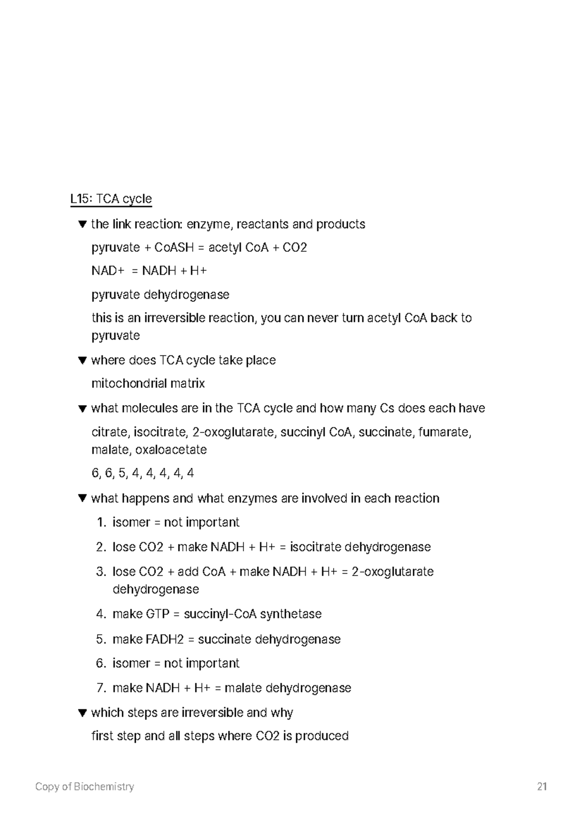 L15 TCA cycle - Lecture notes 15 - Copy of Biochemistry 21 red blood ...