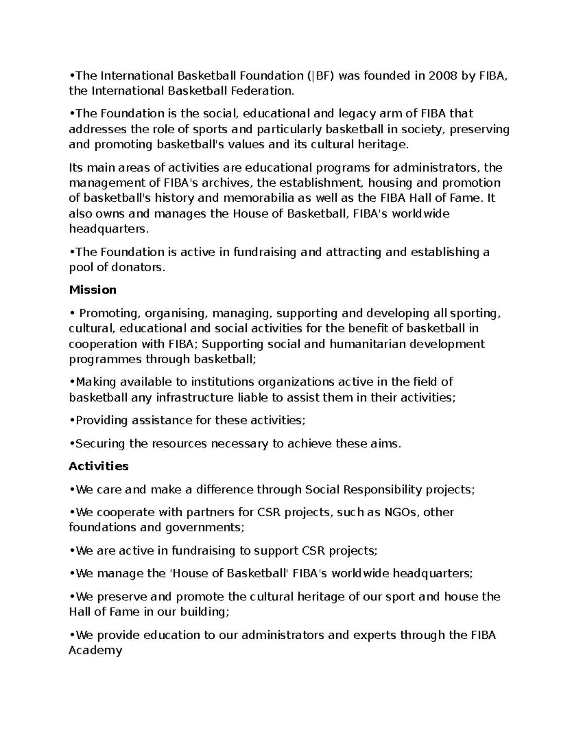 FIBA P - Notes - •The International Basketball Foundation (|BF) was ...