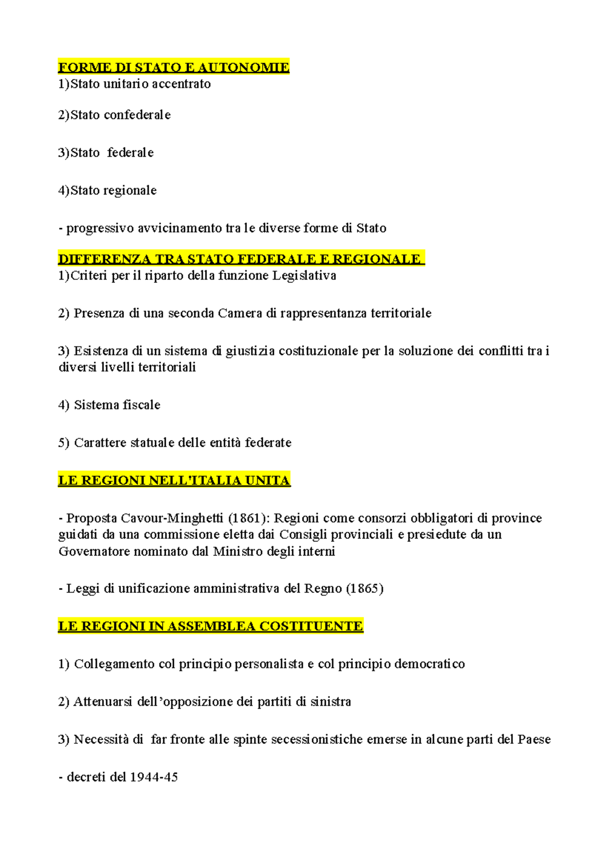 Regionale riassunto - FORME DI STATO E AUTONOMIE 1)Stato unitario ...
