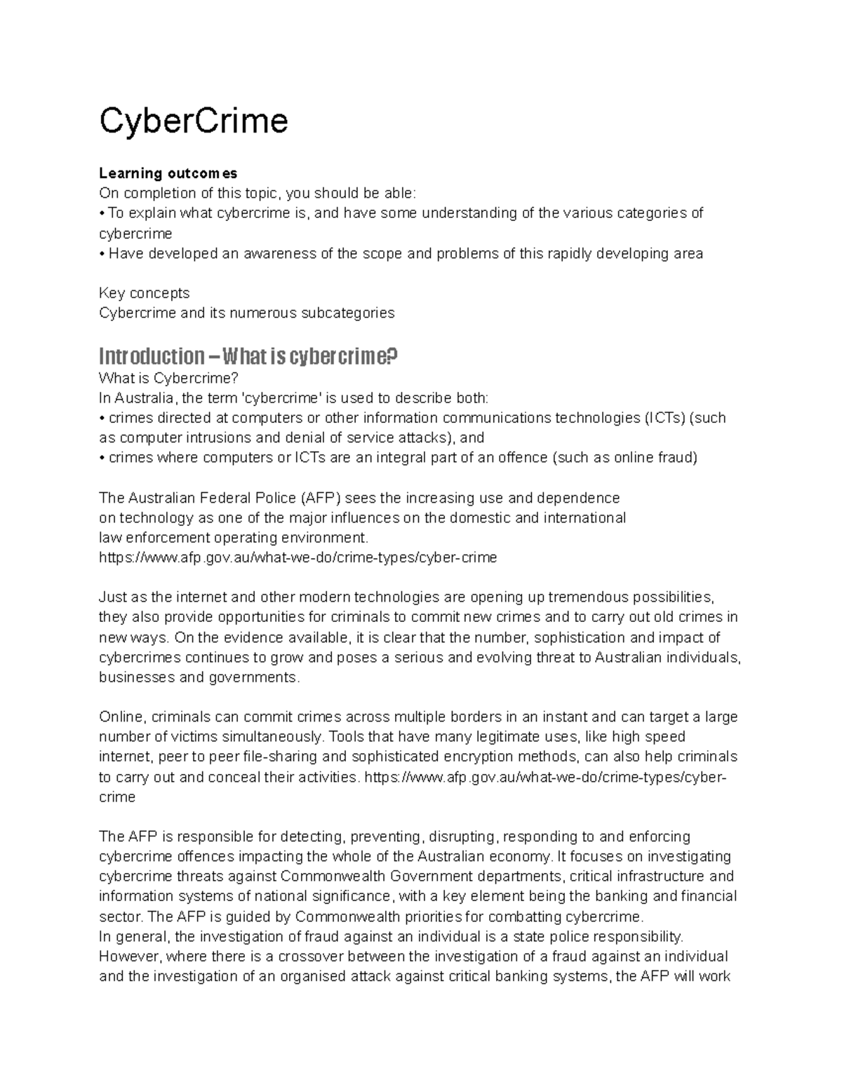 Cyber Crime - CyberCrime Learning outcomes On completion of this topic ...