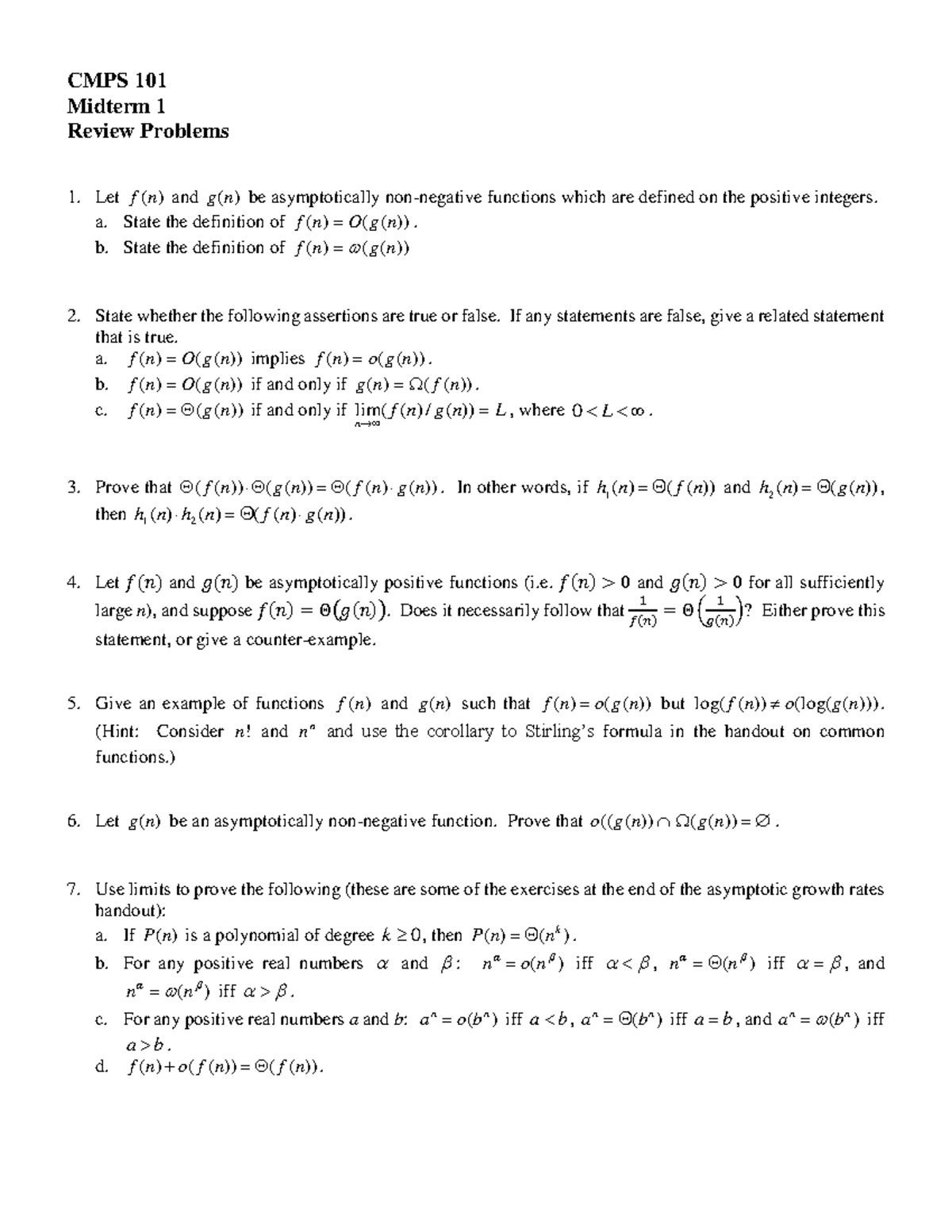 Review 1 Summary Algorithms And Abstract Data Types Cmps 101 Midterm 1 Review Problems 1