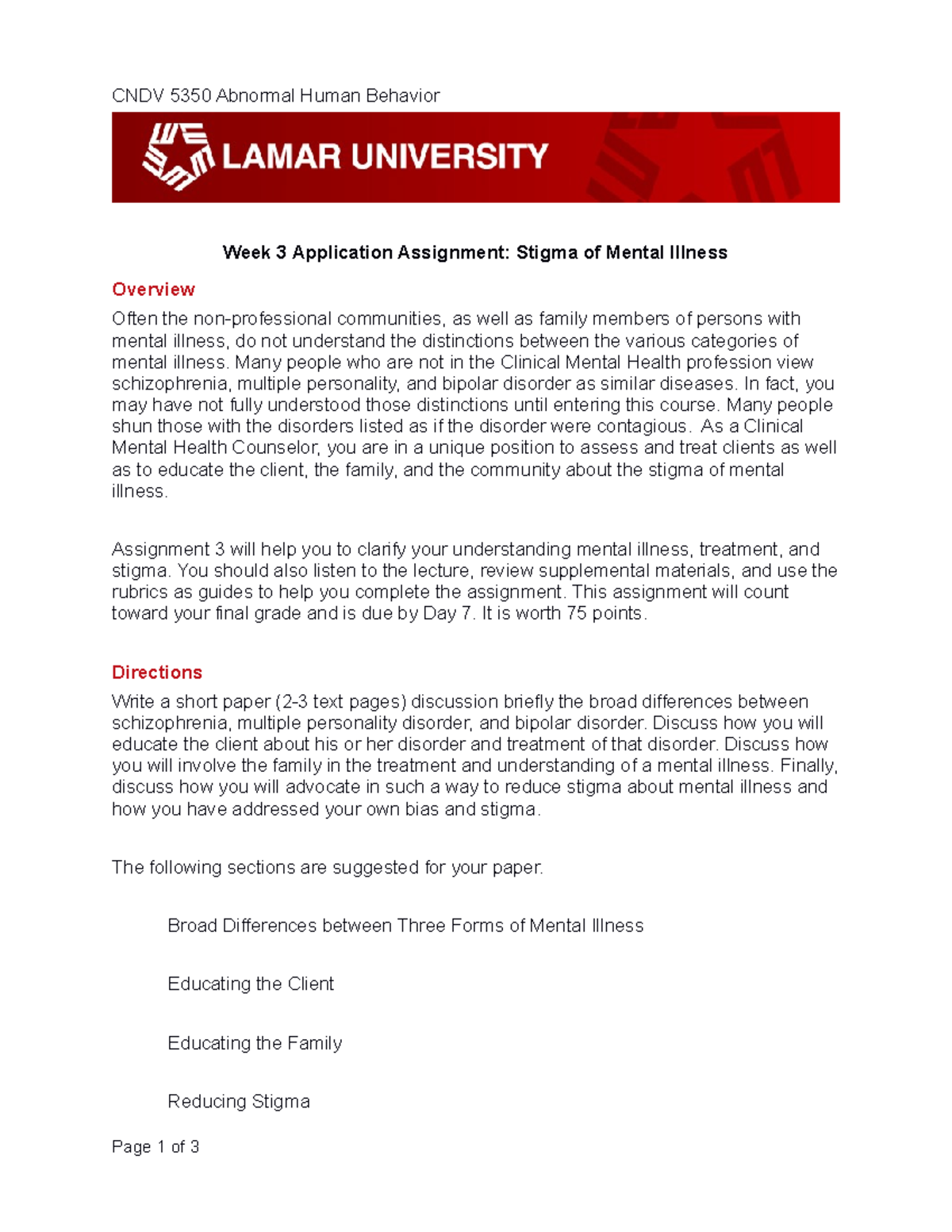 Week 3 Assignment Stigma of Mental Illness - CNDV 5350 Abnormal Human ...