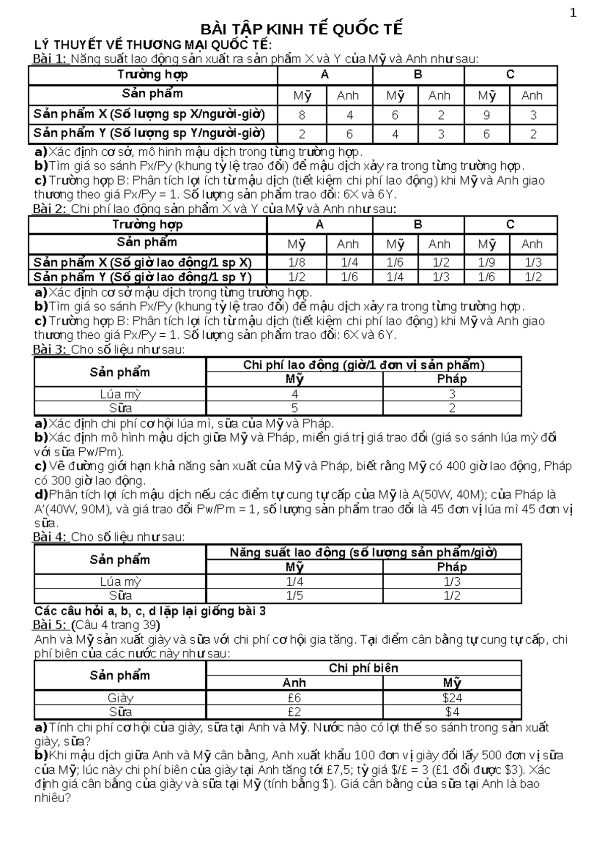 Bài tập Kinh tế quốc tế chính quy 123849 - BÀI T P KINH T QU C TẬ Ế Ố Ế LÝ THUY T V THẾ Ề ƯƠNG M ...