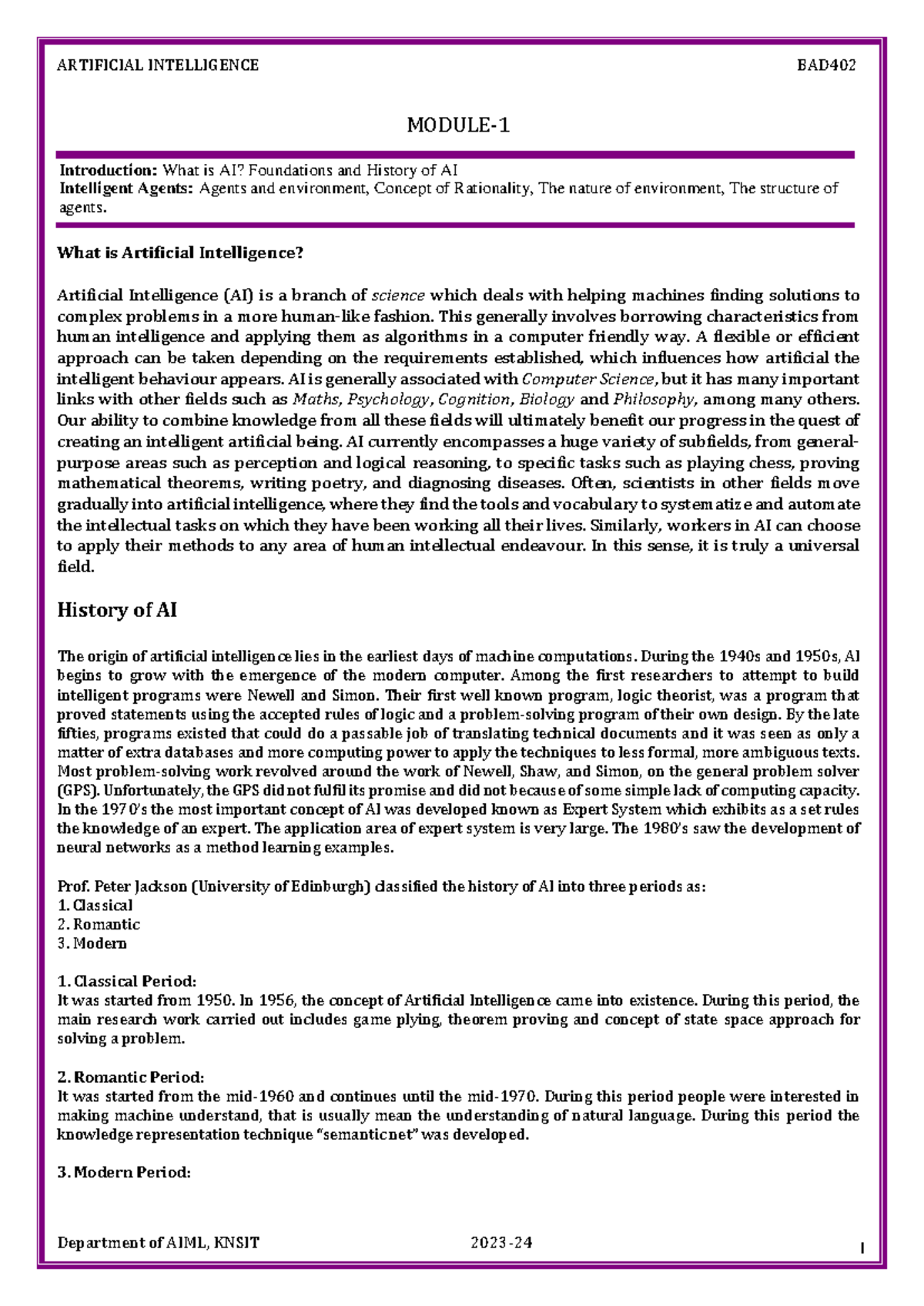 AI(BAD402) Module-1 - it has important question of AI - Department of ...