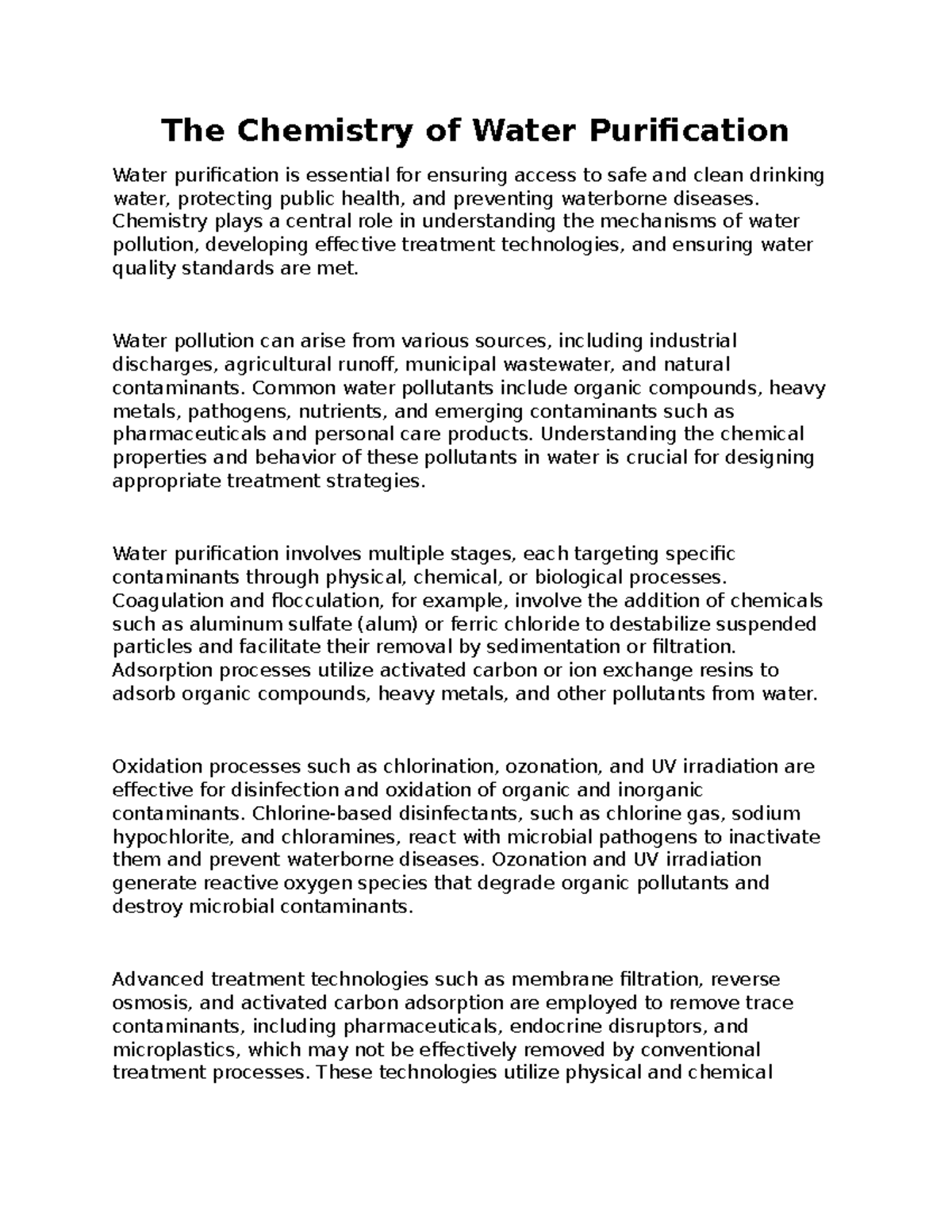 The Chemistry of Water Purification - Chemistry plays a central role in ...