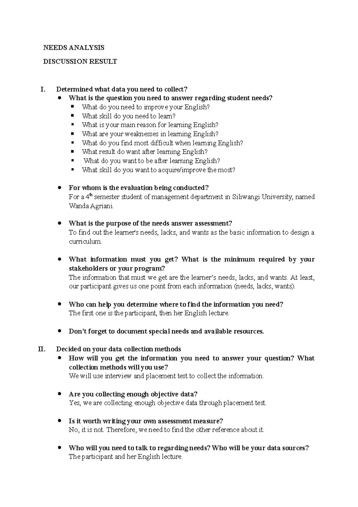 Assignment Needs Analysis 2 ESP - NEEDS ANALYSIS DISCUSSION RESULT I ...