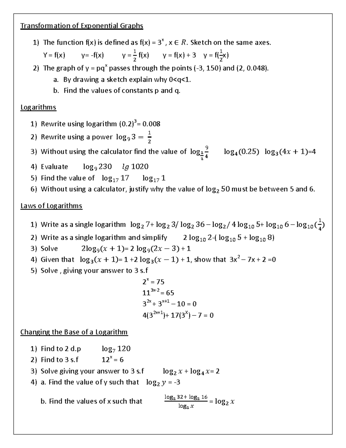 11 PED Tute - Logarithms - Transformation of Exponential Graphs 1) The ...