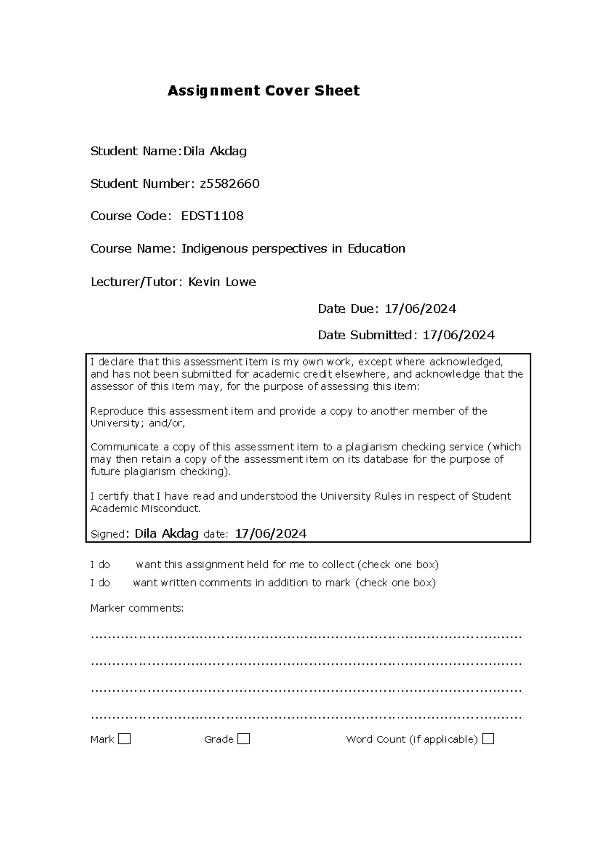 Assignment cover sheet template 0 - Assignment Cover Sheet Student Name ...