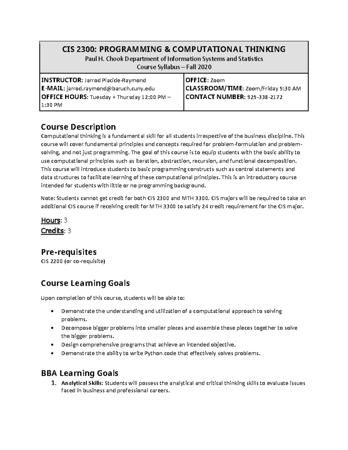 Cis 2300 Lfa Fall 2020 Syllabus 11 Cis 2300 Programming And Computational Thinking Paul H