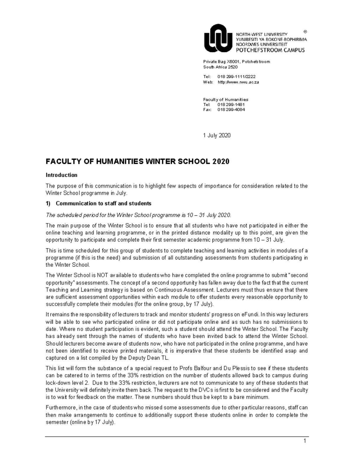 01.07.2020 Letter to all staff and students - 1 FACULTY OF HUMANITIES ...