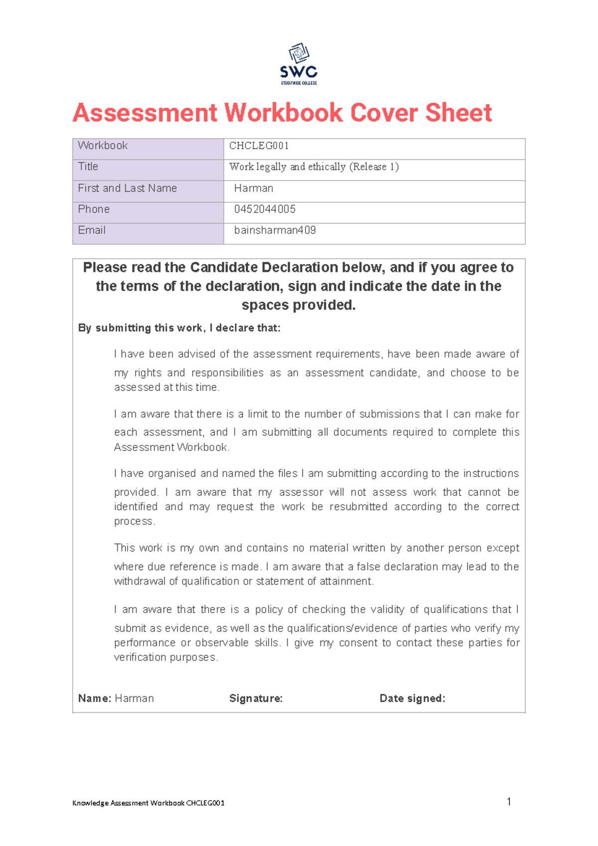 Harman Bains - Knowledge Assessment Workbook Chcleg 001 - Assessment ...