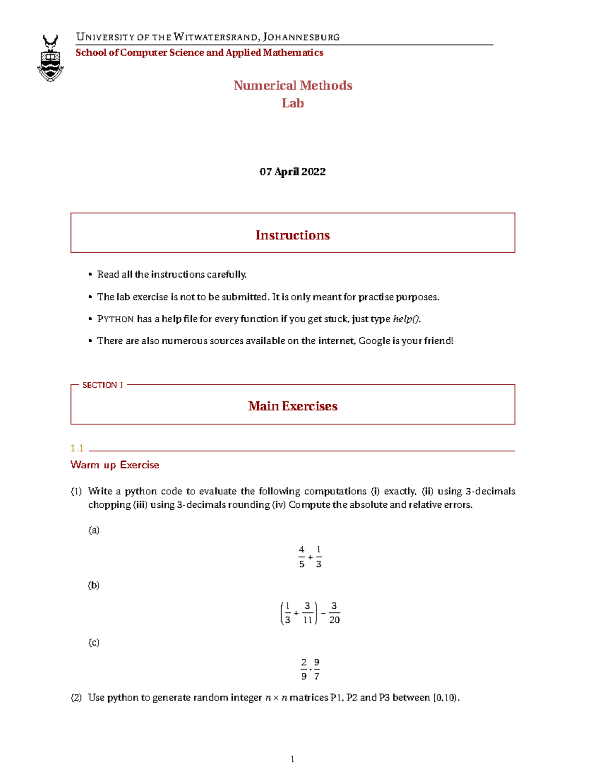 Lab2 - week 2 - UNIVERSITY OF THEWITWATERSRAND, JOHANNESBURG School of ...