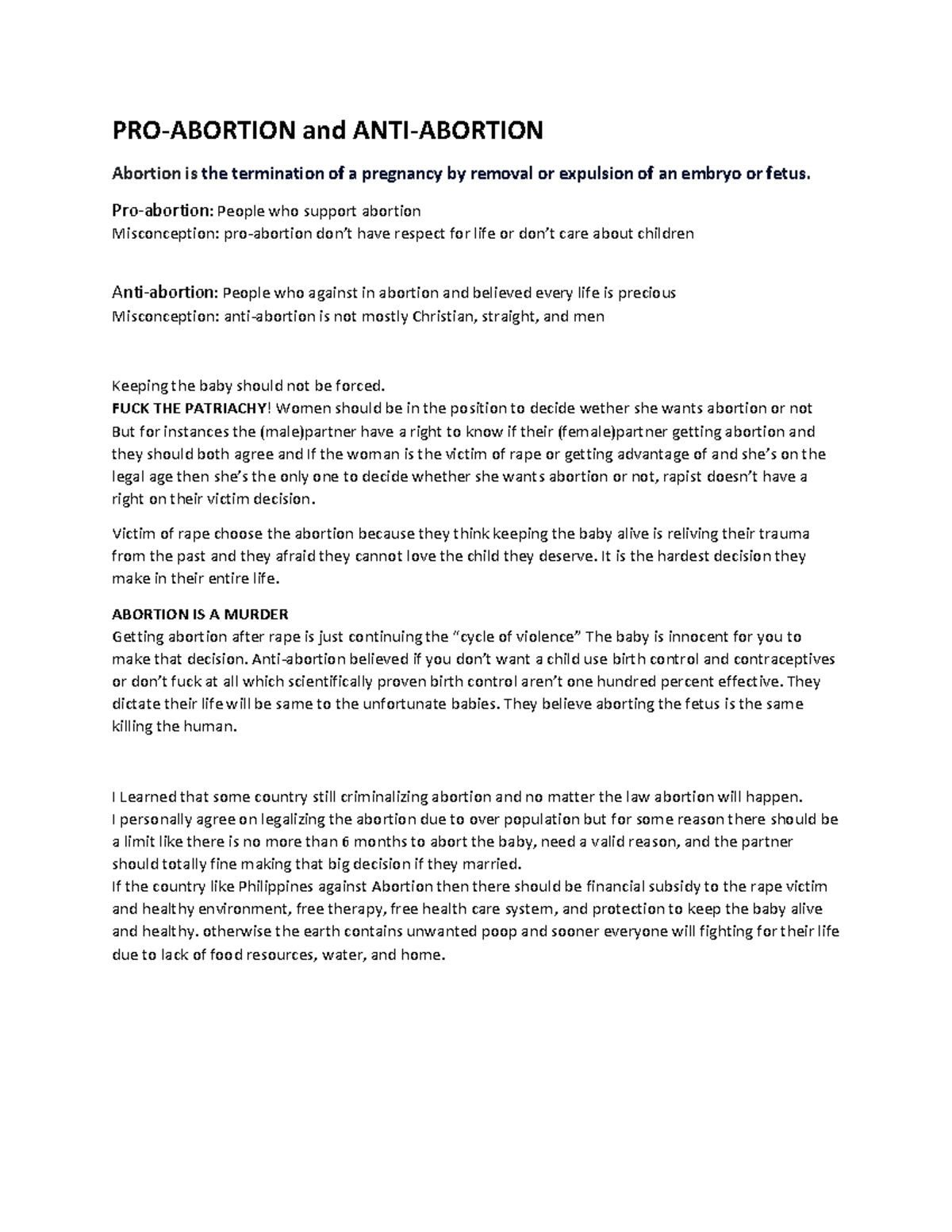 PRO VS ANTI - Broad pro vs anti - PRO-ABORTION and ANTI-ABORTION ...