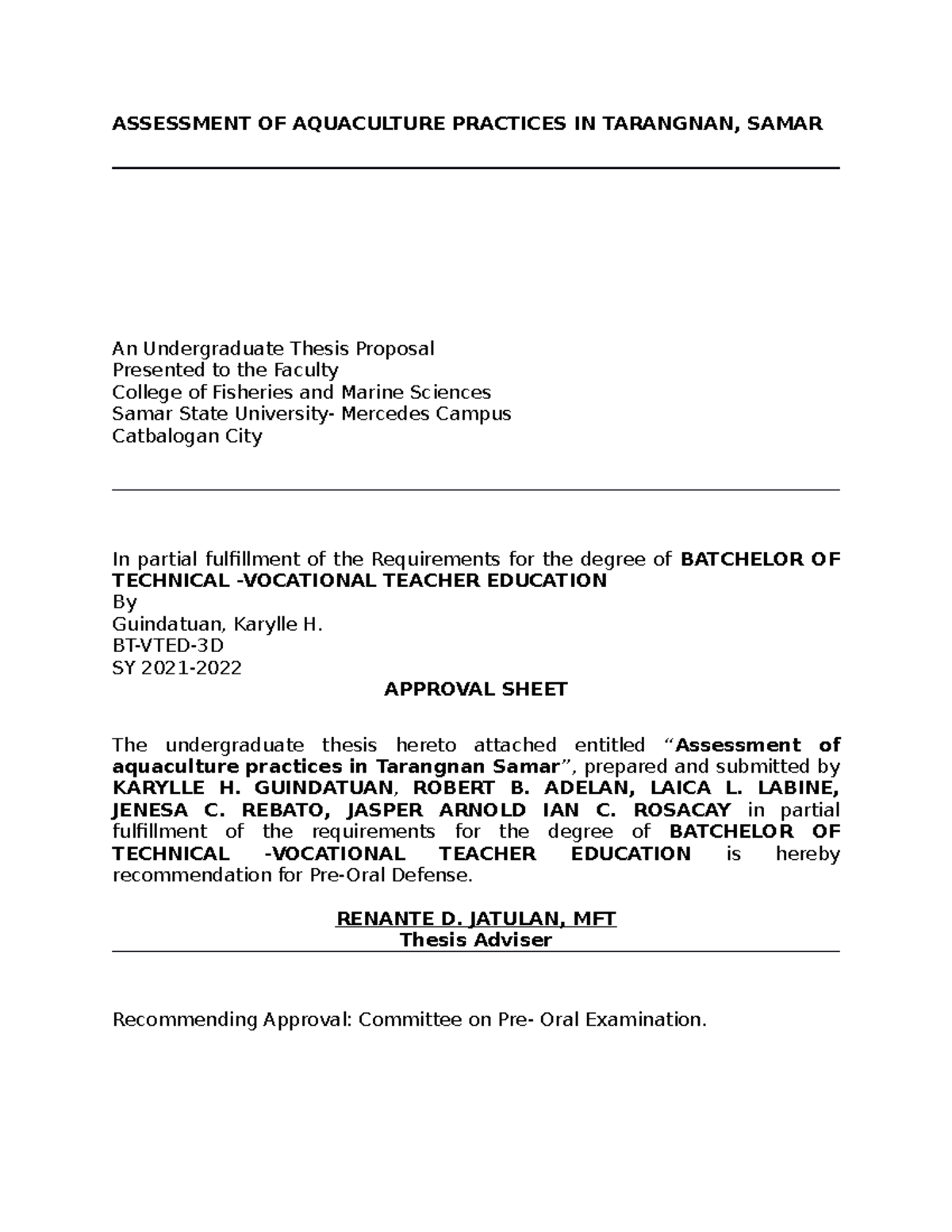 Forda thesis - ASSESSMENT OF AQUACULTURE PRACTICES IN TARANGNAN, SAMAR ...