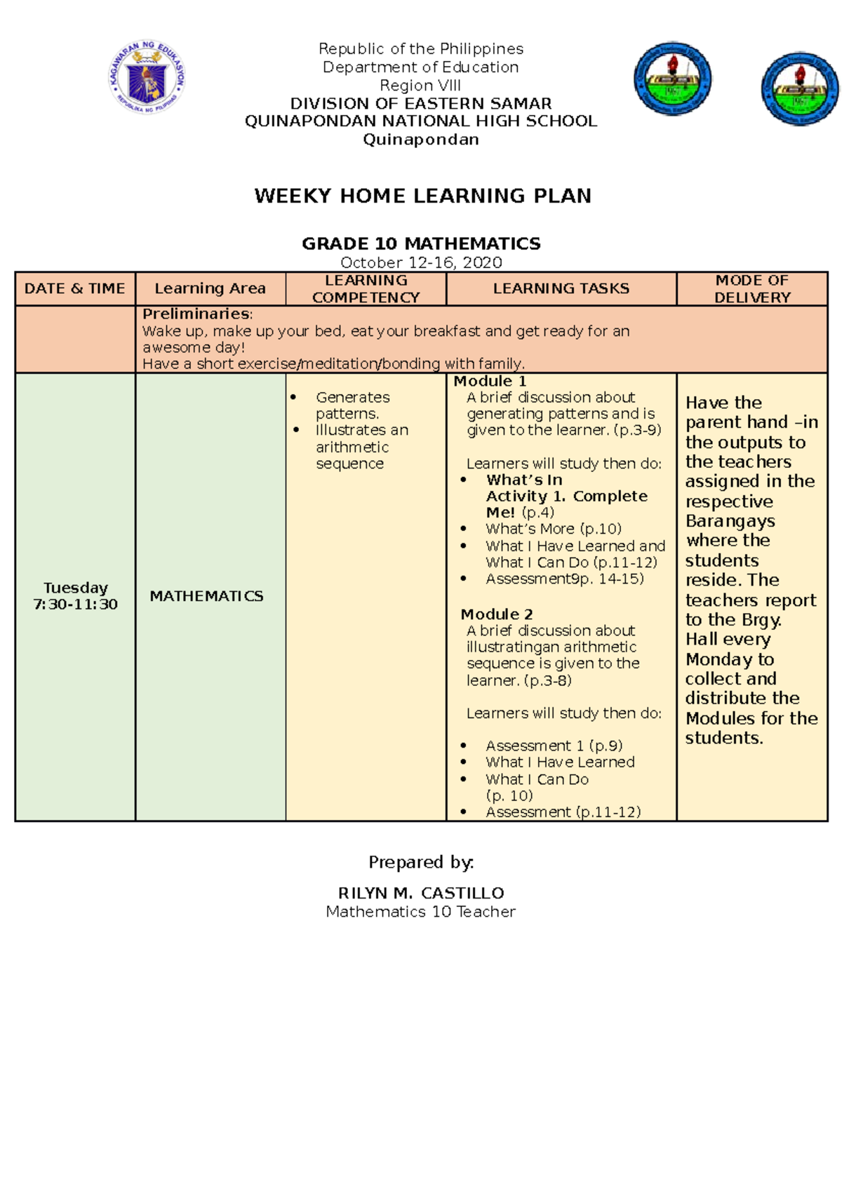 MATH WEEK 2 - Learning Activity Sheet for Mathematics 10 Quarter 4 week ...