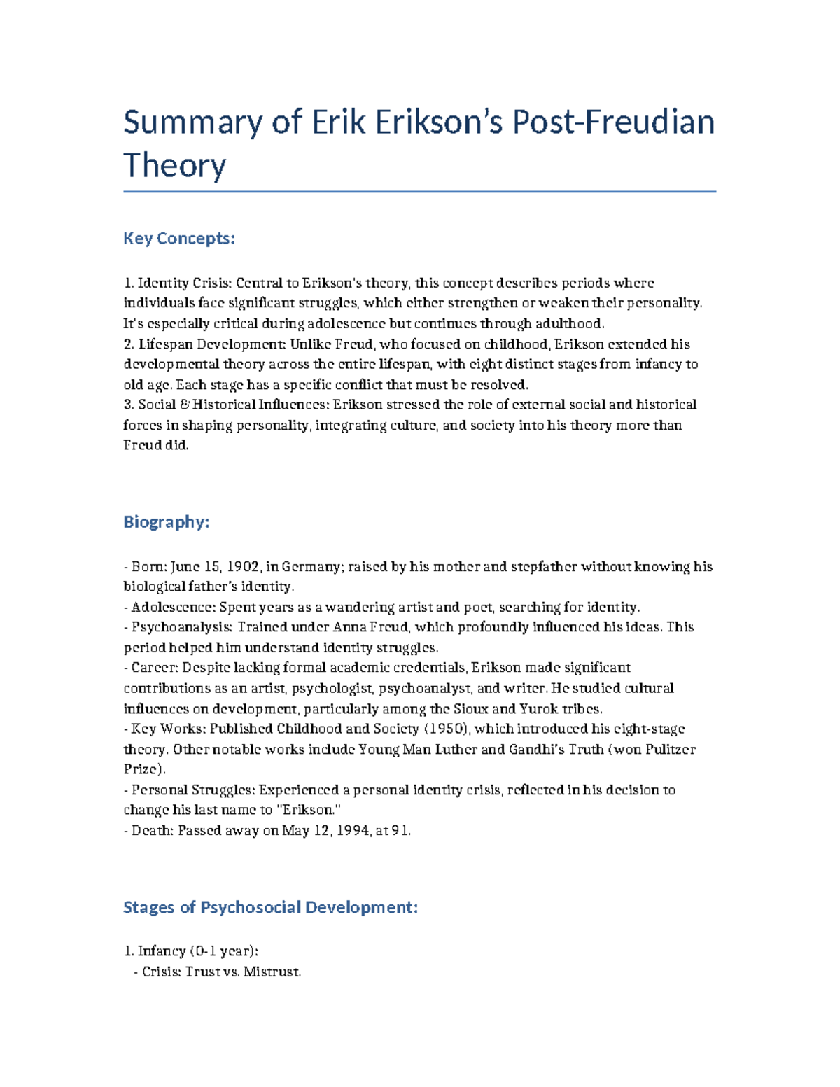 Erik Erikson Summary - TOP NOTES - Summary of Erik Erikson’s Post ...