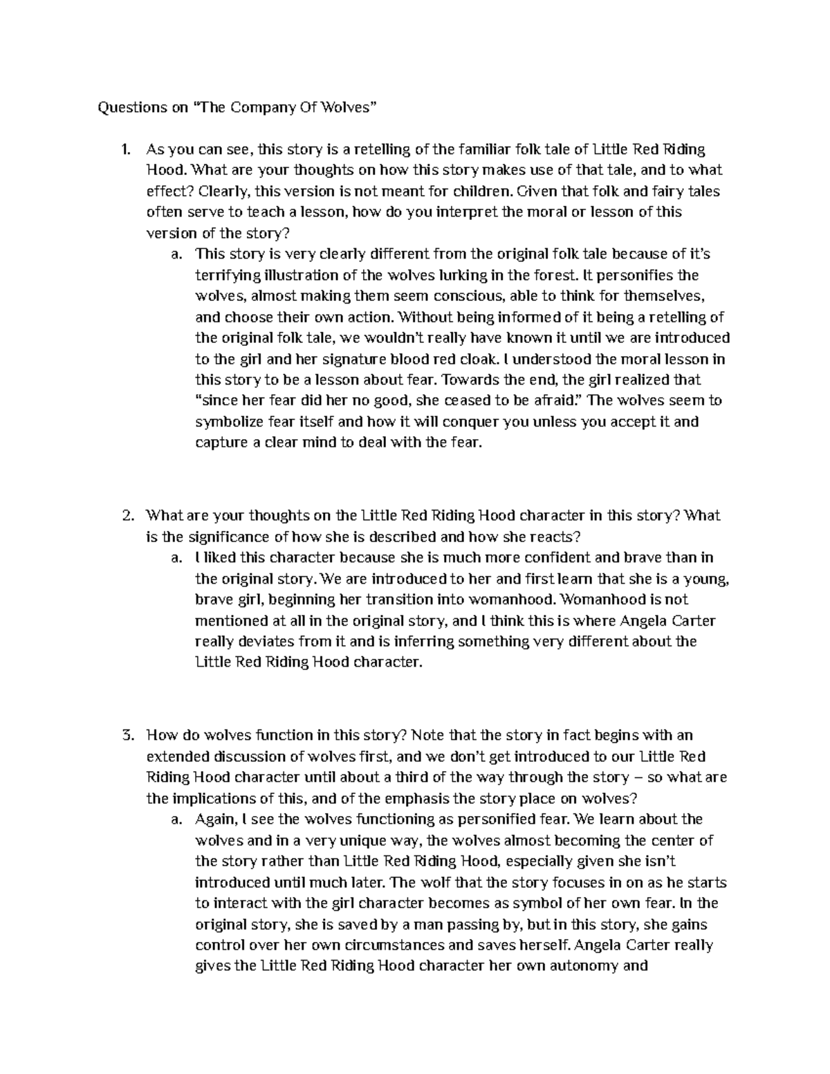 Questions on The Company Of Wolves - Questions on “The Company Of ...