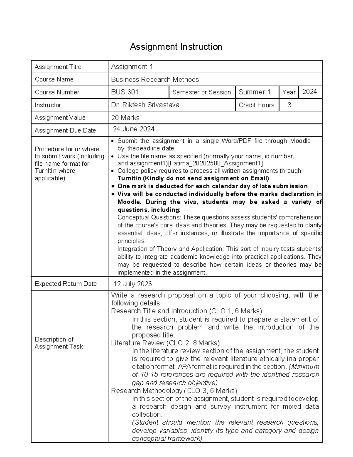 BUS 301 Assignment 1 Instruction Sheet - Assignment Instruction ...