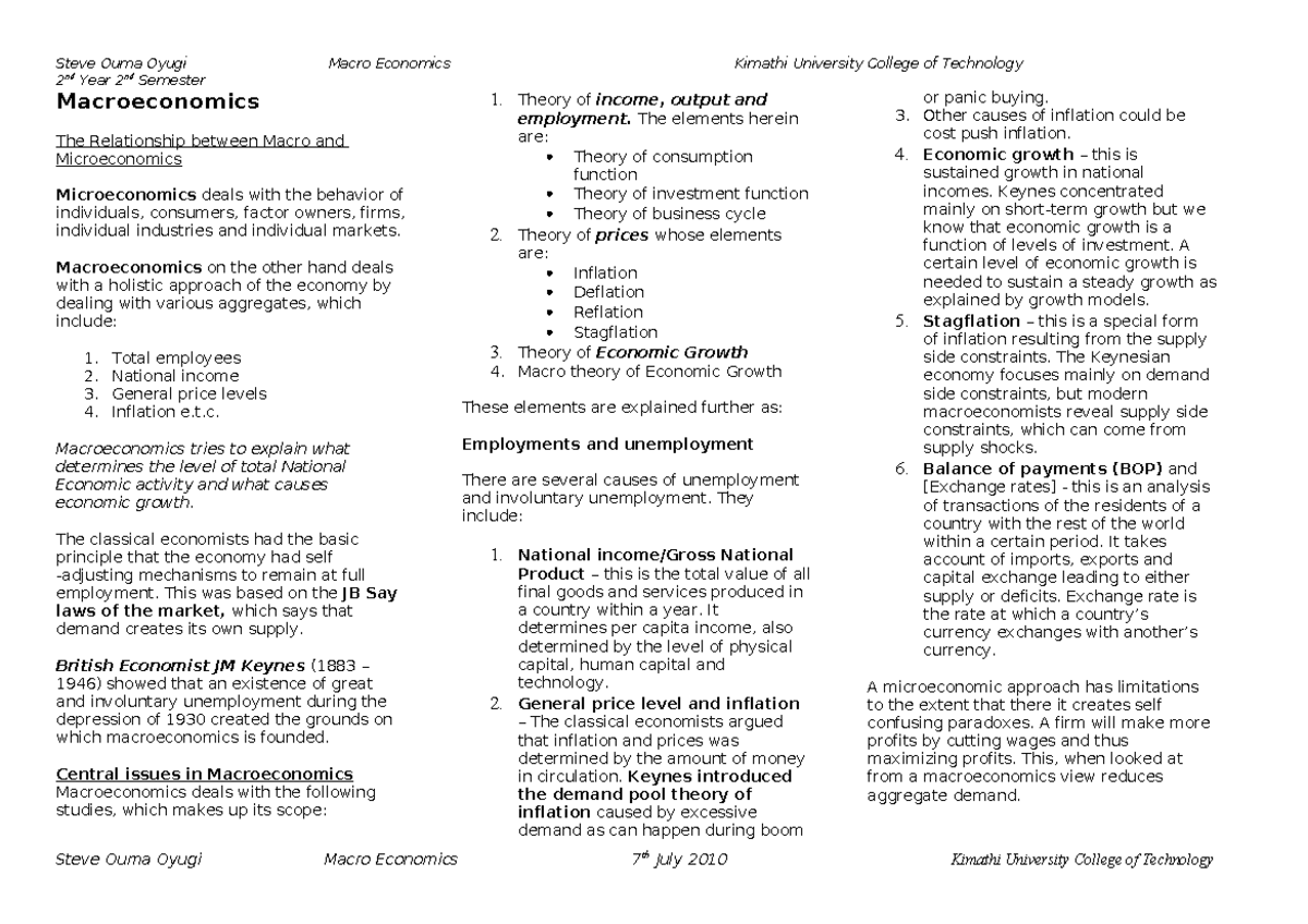 Toaz - MACRO ECONOMICS NOTES - 2 nd Year 2nd Semester Macroeconomics ...