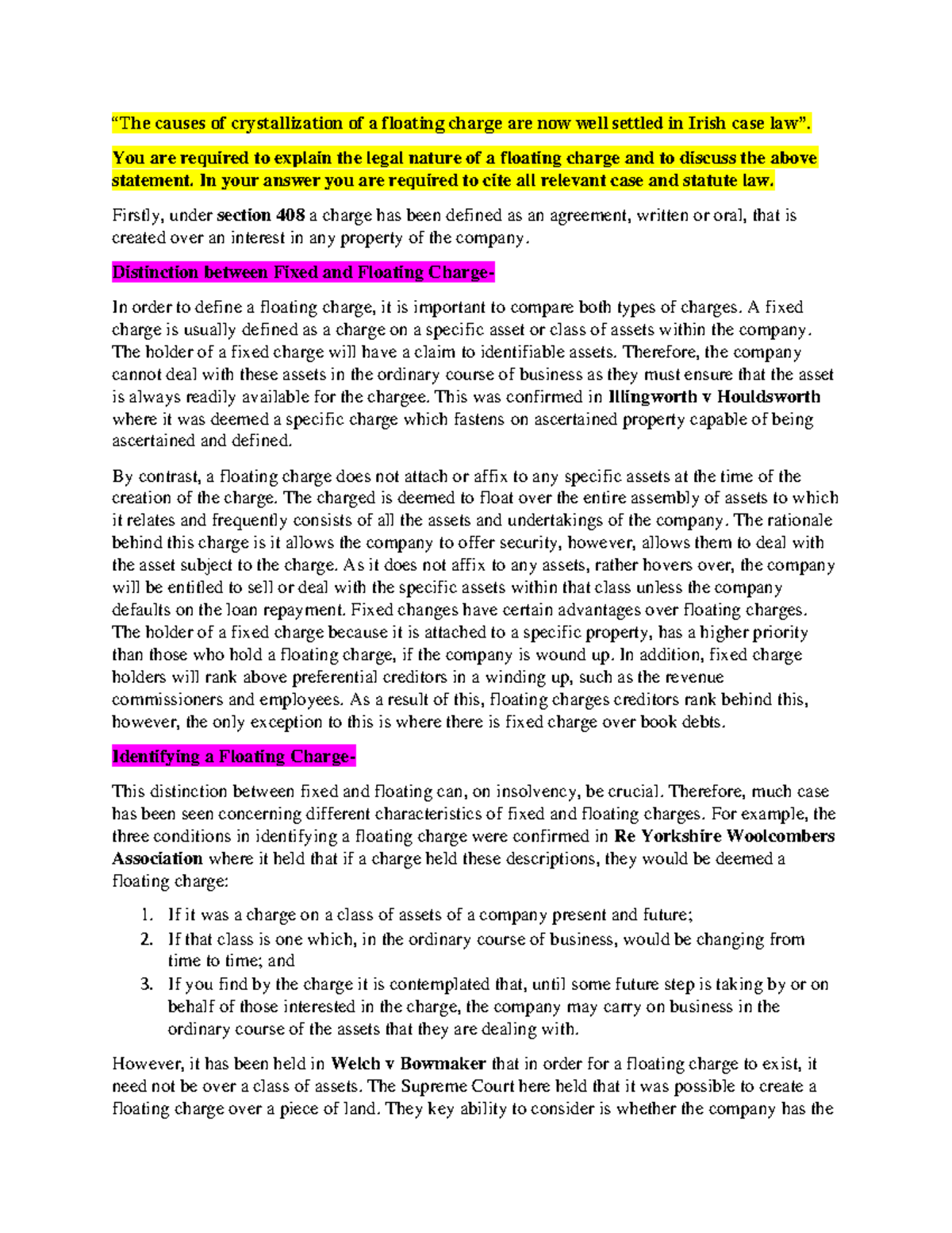 Floating Charges and Crystilisation answer - “T he causes of ...