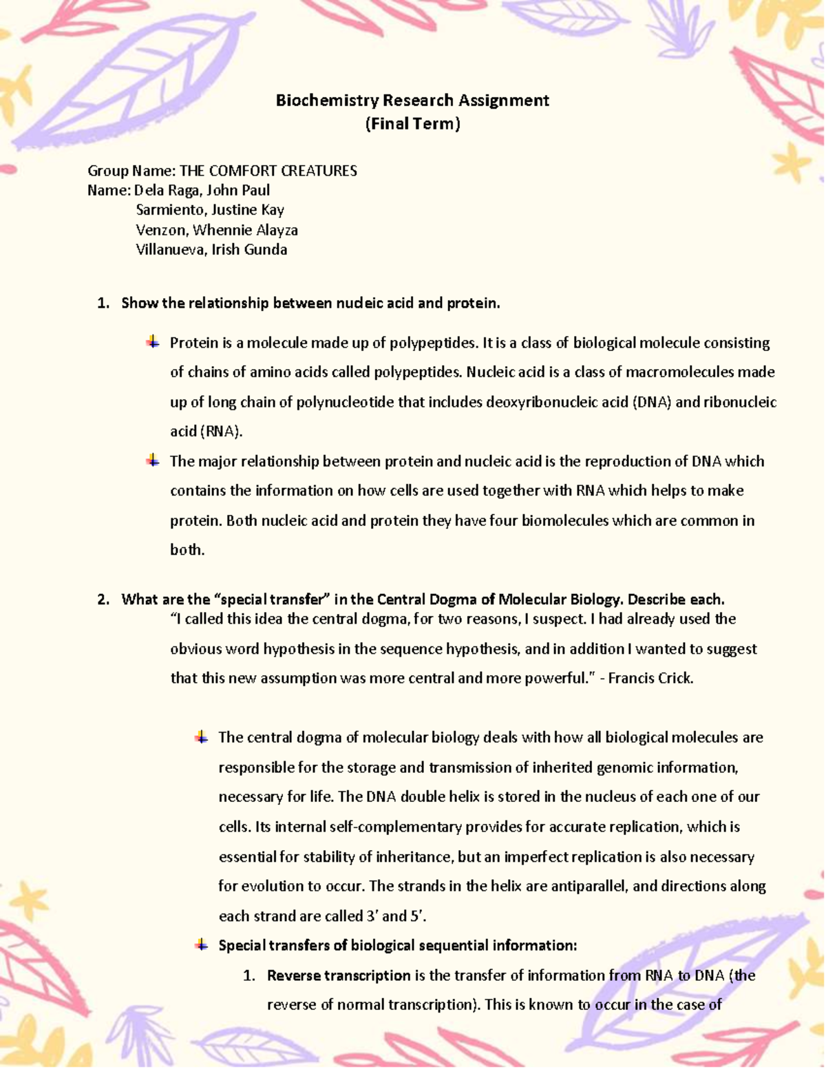 Biochem Research Assignment Final term-THE Comfort Creatures ...