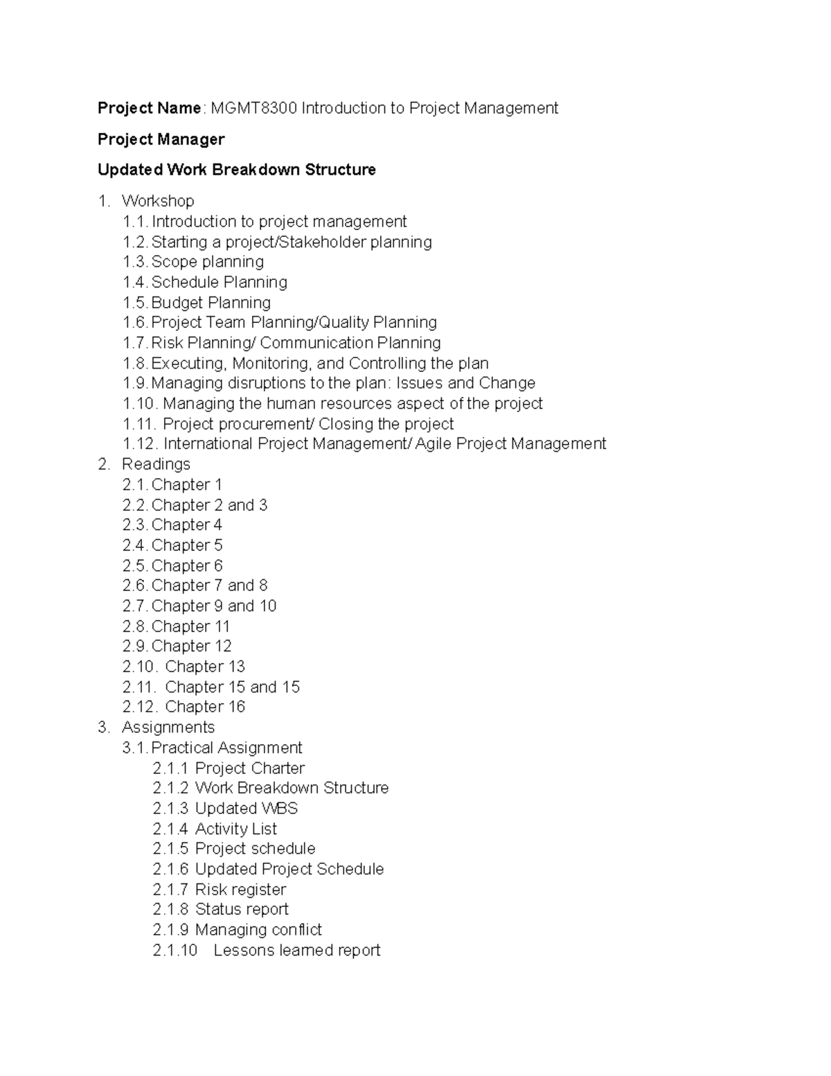 Updated WBS - Practical assignment introduction to project - Project ...