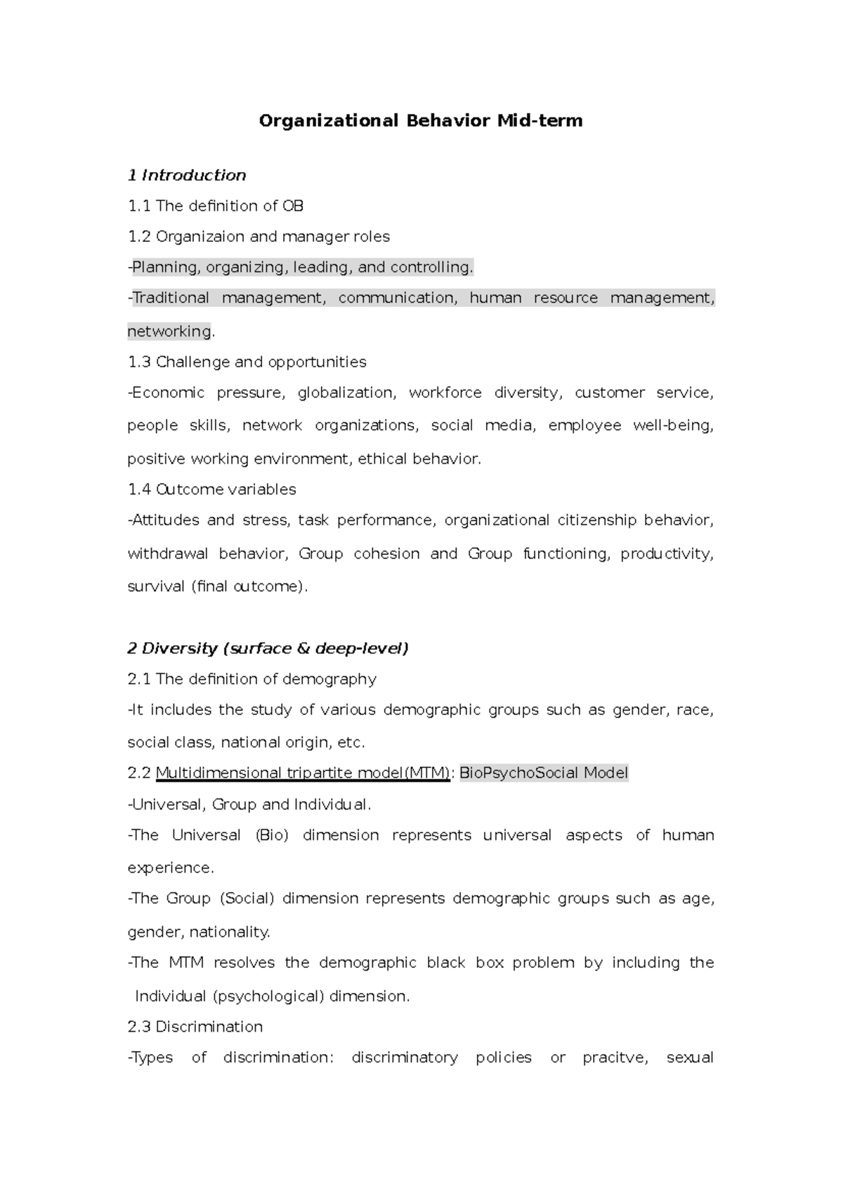 Organizational behavior mid-term - Traditional management ...