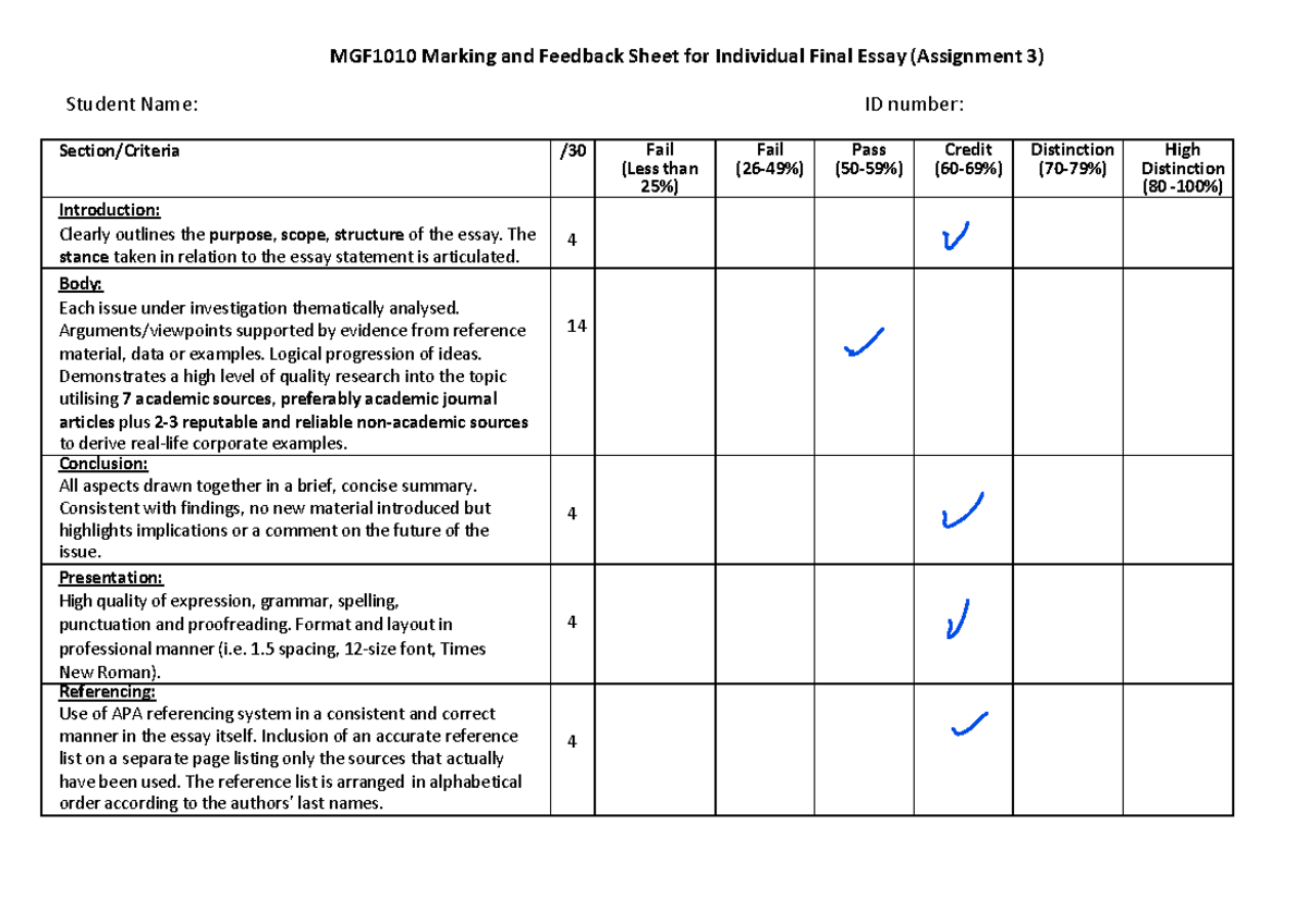 Final essay rubric - MGF1010 Marking and Feedback Sheet for Individual ...