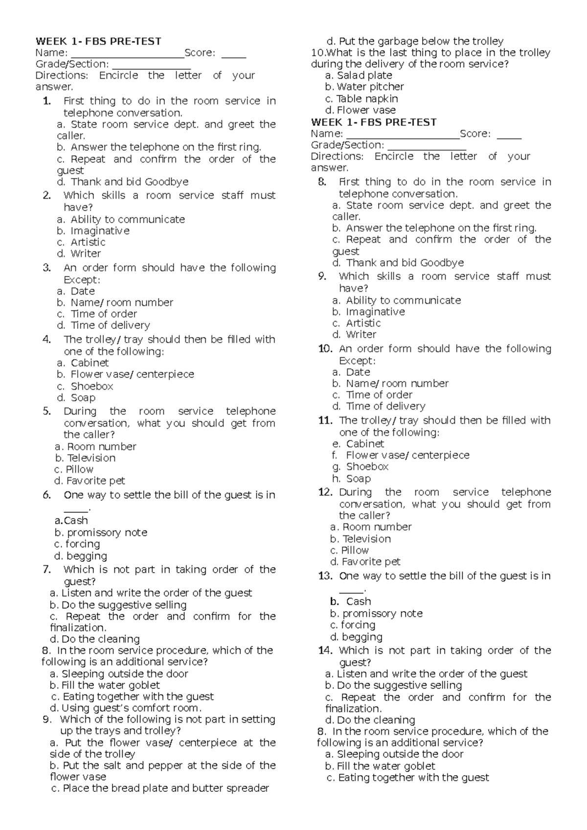 4th Quarter FBS activity sheet W1 - WEEK 1- FBS PRE-TEST Name ...