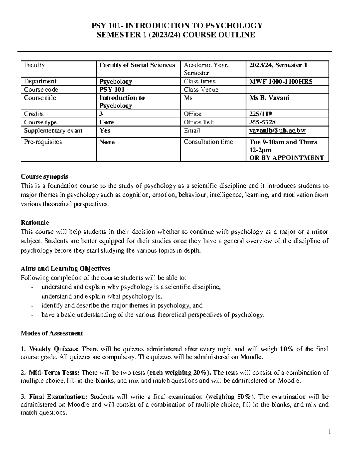 PSY 101 Course Outline 2023.24 Final - PSY 101- INTRODUCTION TO ...
