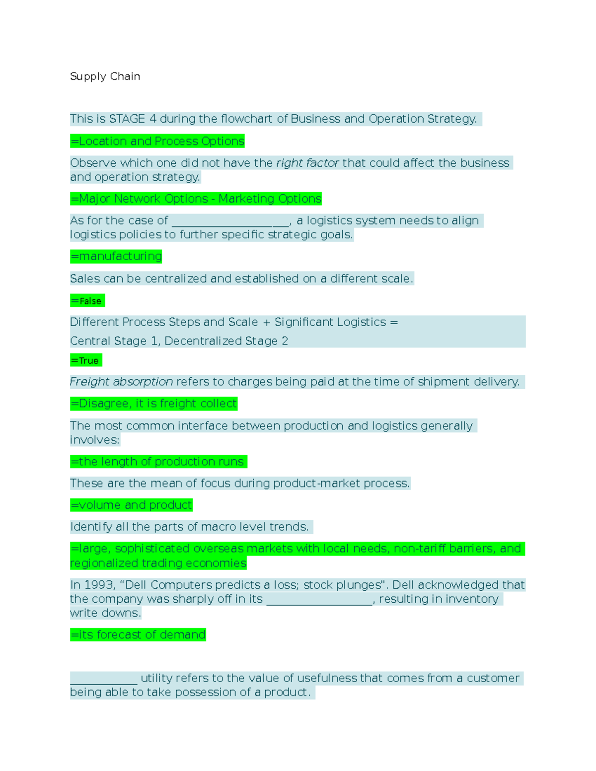 Supply Chain Answers Prelim to Finals - Supply Chain This is STAGE 4 ...