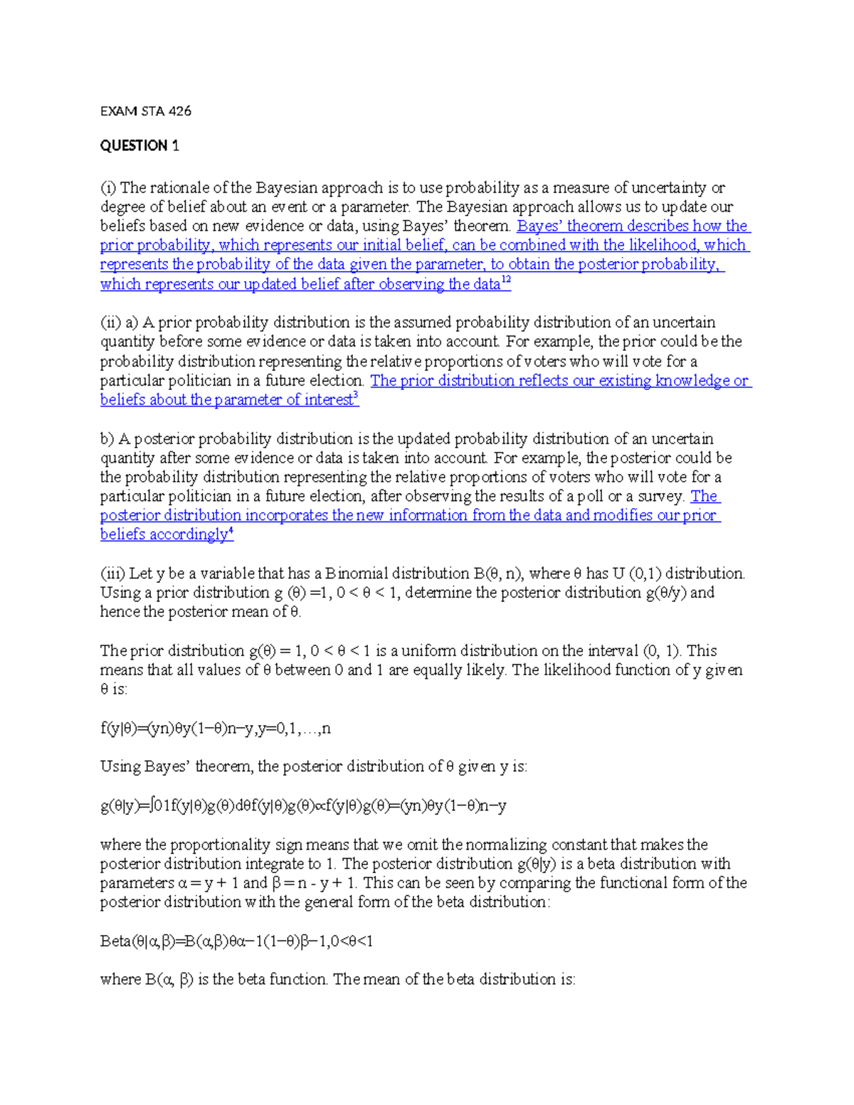 EXAM STA 426 - EXAM STA 426 QUESTION 1 (i) The rationale of the ...
