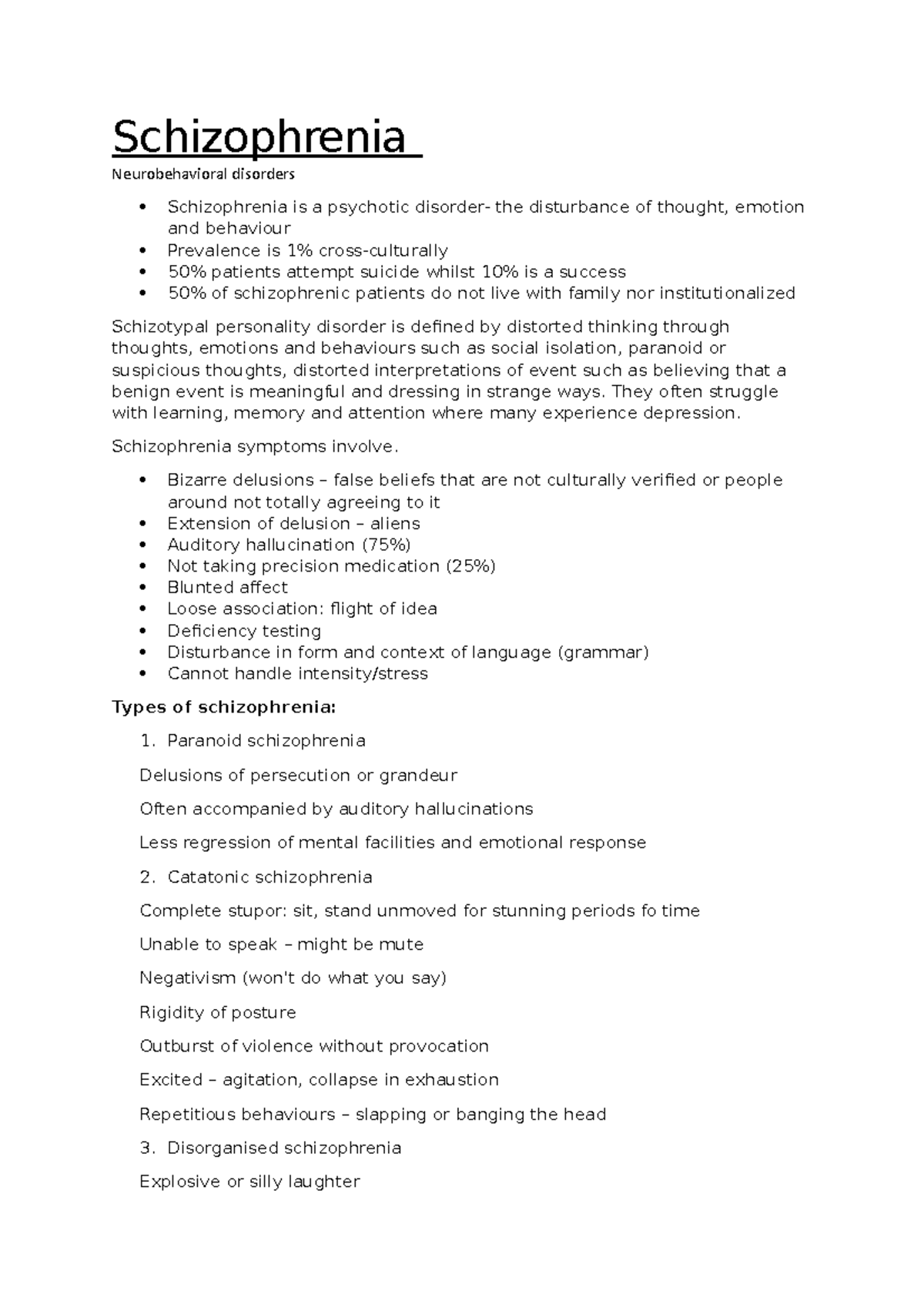 Schizophrenia - Lecture notes 4 - Schizophrenia Neurobehavioral ...