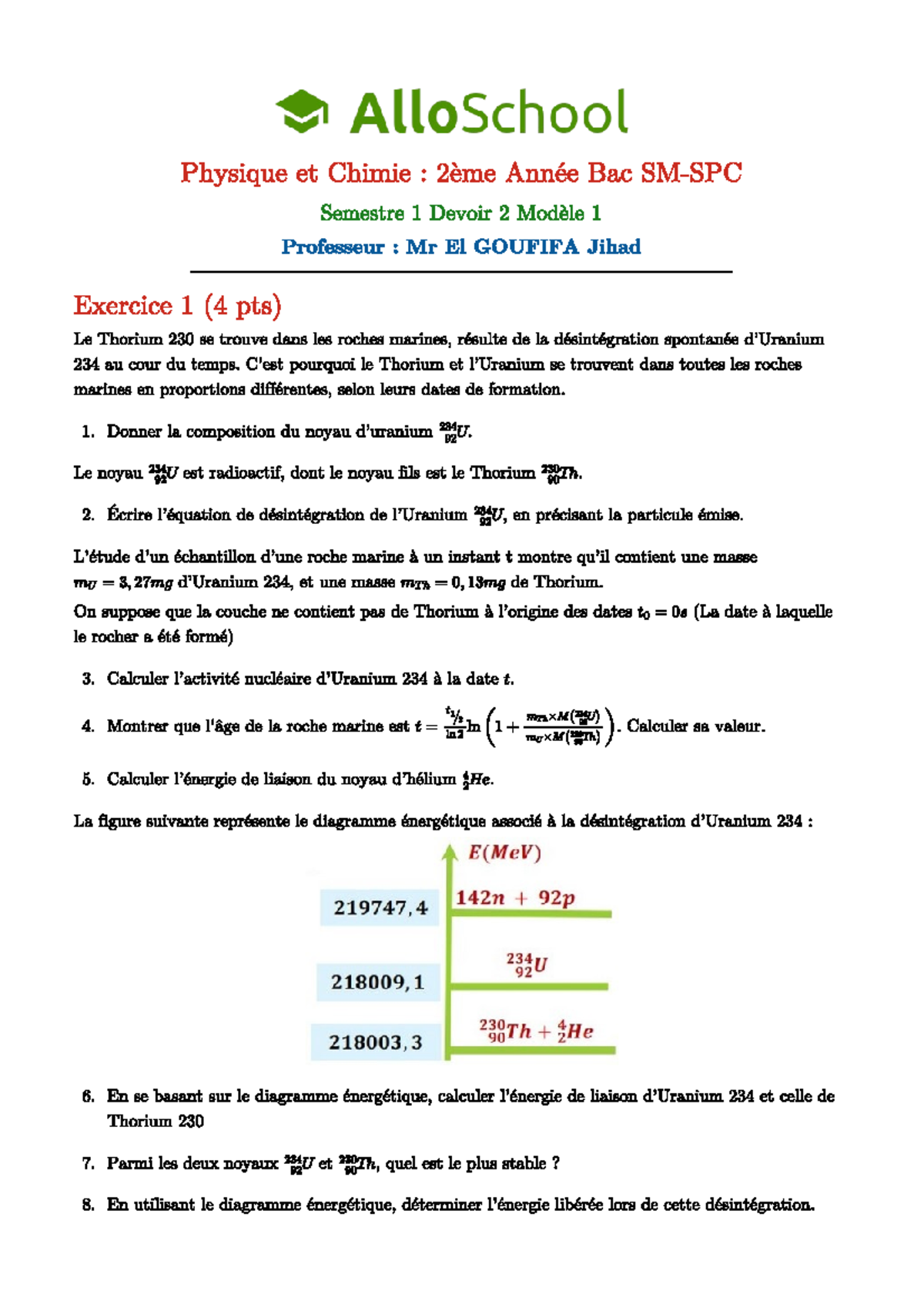 Pc 2bac sm spc semestre 1 devoir 2 modele 1 7 - statistique - é é - Studocu