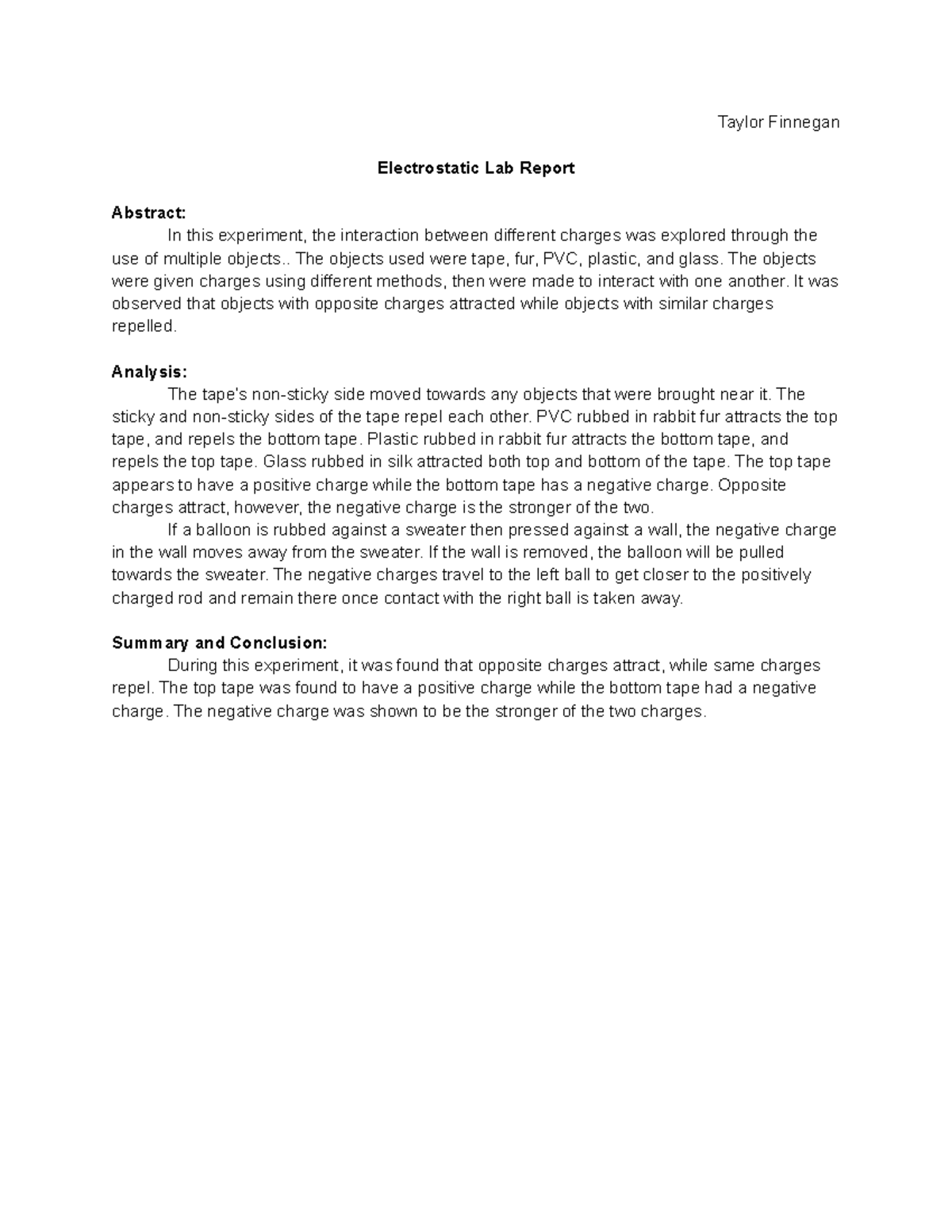 Electrostatics Lab Report - Taylor Finnegan Electrostatic Lab Report ...