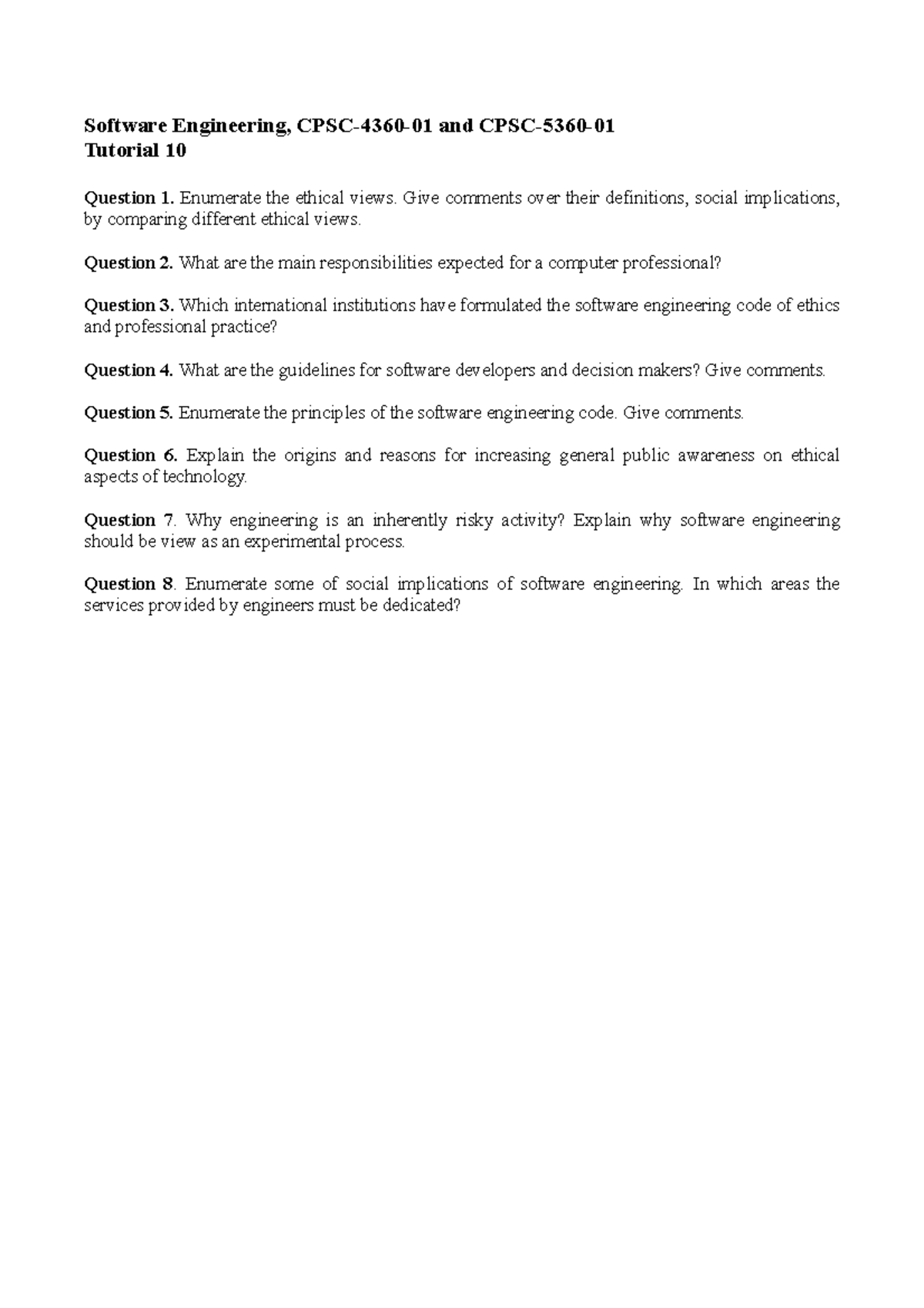 Tutorial 10 - Software Engineering, CPSC-4360-01 and CPSC-5360-01 ...