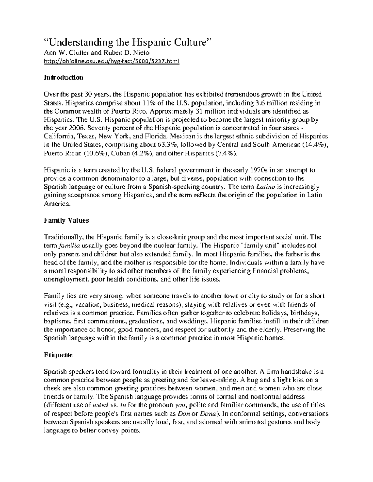 Understanding the Hispanic Culture - “Understanding the Hispanic ...