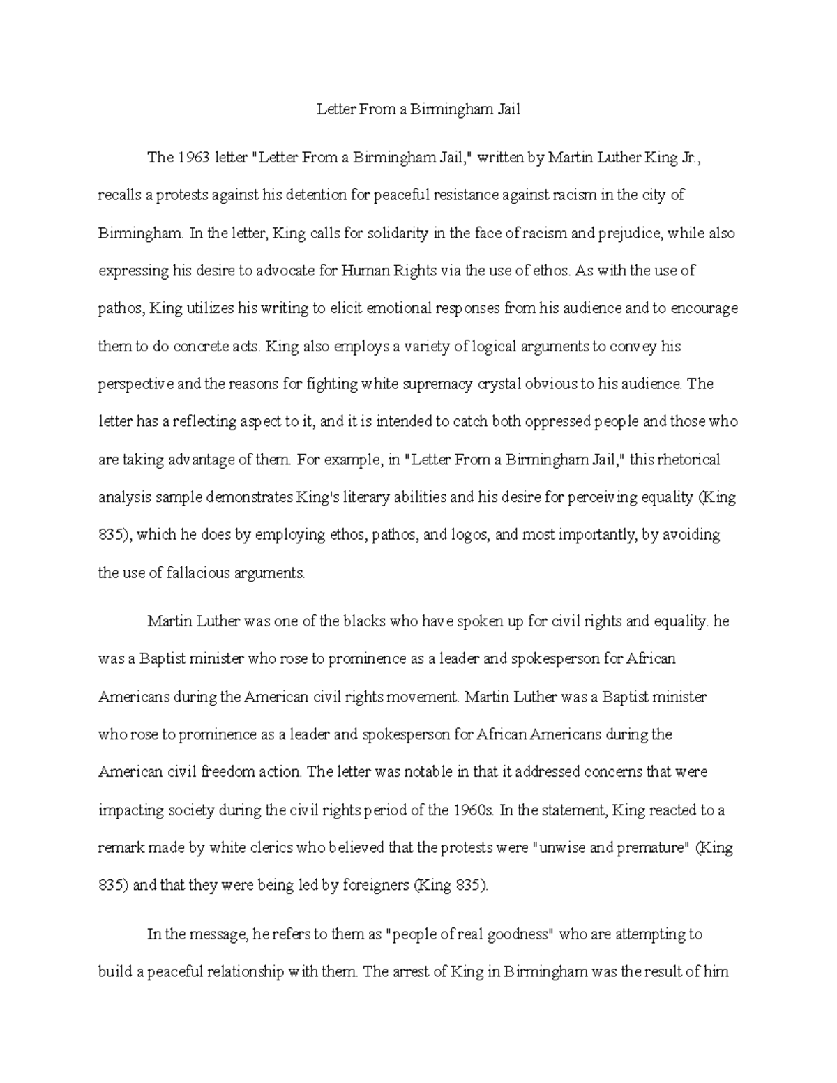 Argument Analysis Essay - Letter From a Birmingham Jail The 1963 letter ...