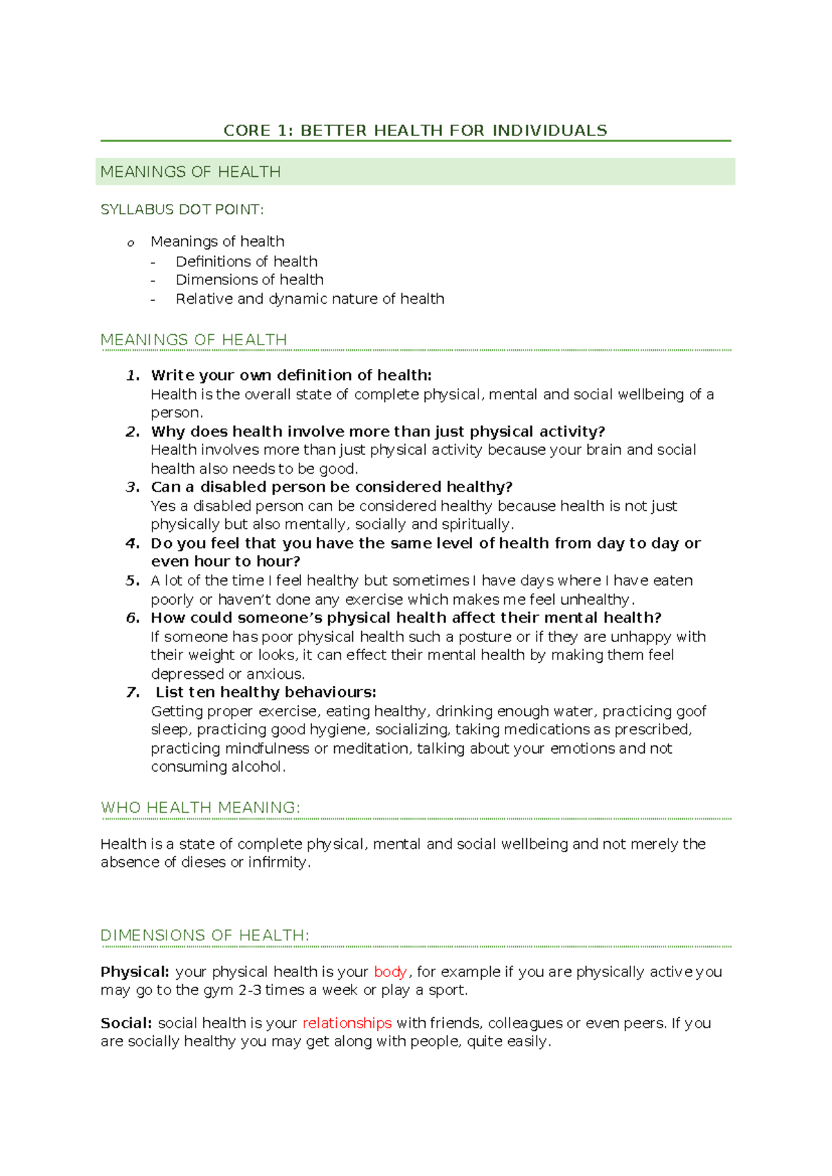 Core 1- better health for individuals ( Pdhpe) - CORE 1: BETTER HEALTH ...