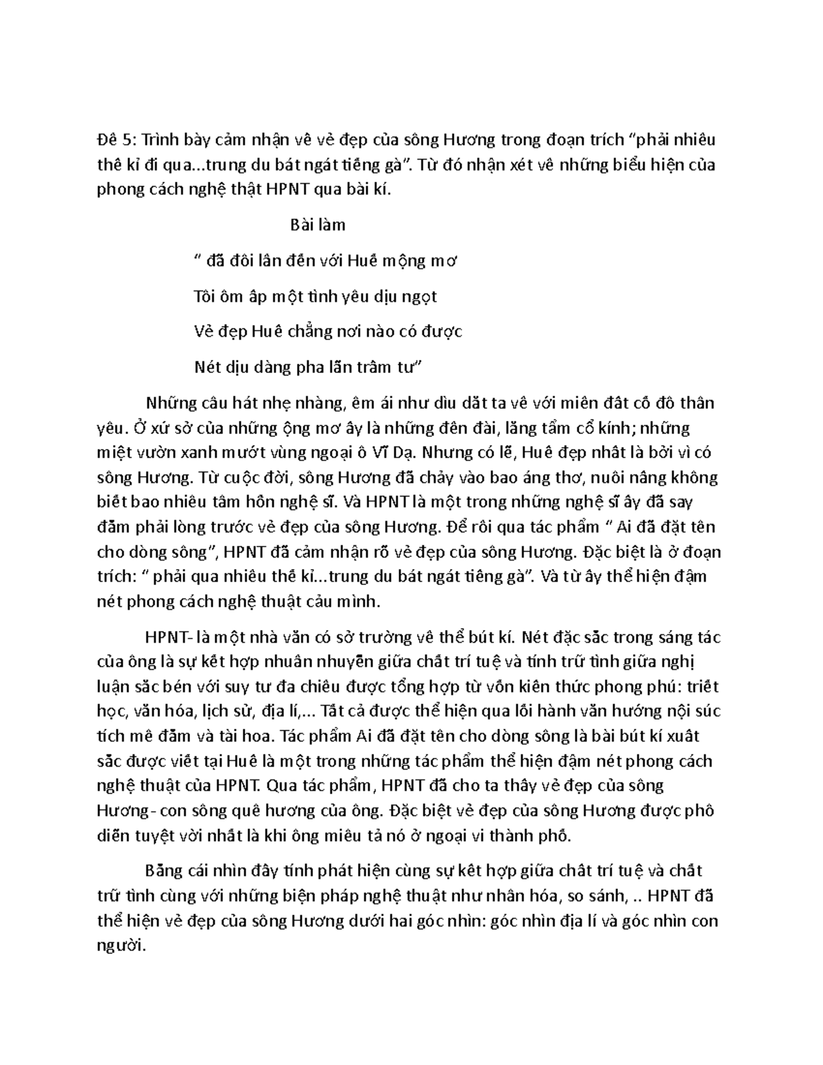 Đề 5. sông hương ở ngoại vi thành phố - Đềề 5: Trình bày c m nh n vềề vả ậ ẻ đ p c a sông Hẹ ủ ...