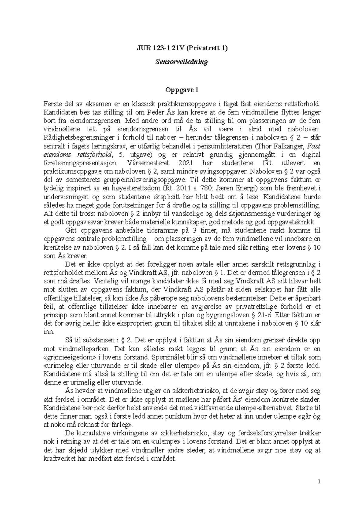 Veiledning innleveringsoppgave - JUR 123-1 21V (Privatrett 1) Sensorveiledning Oppgave 1 Første ...