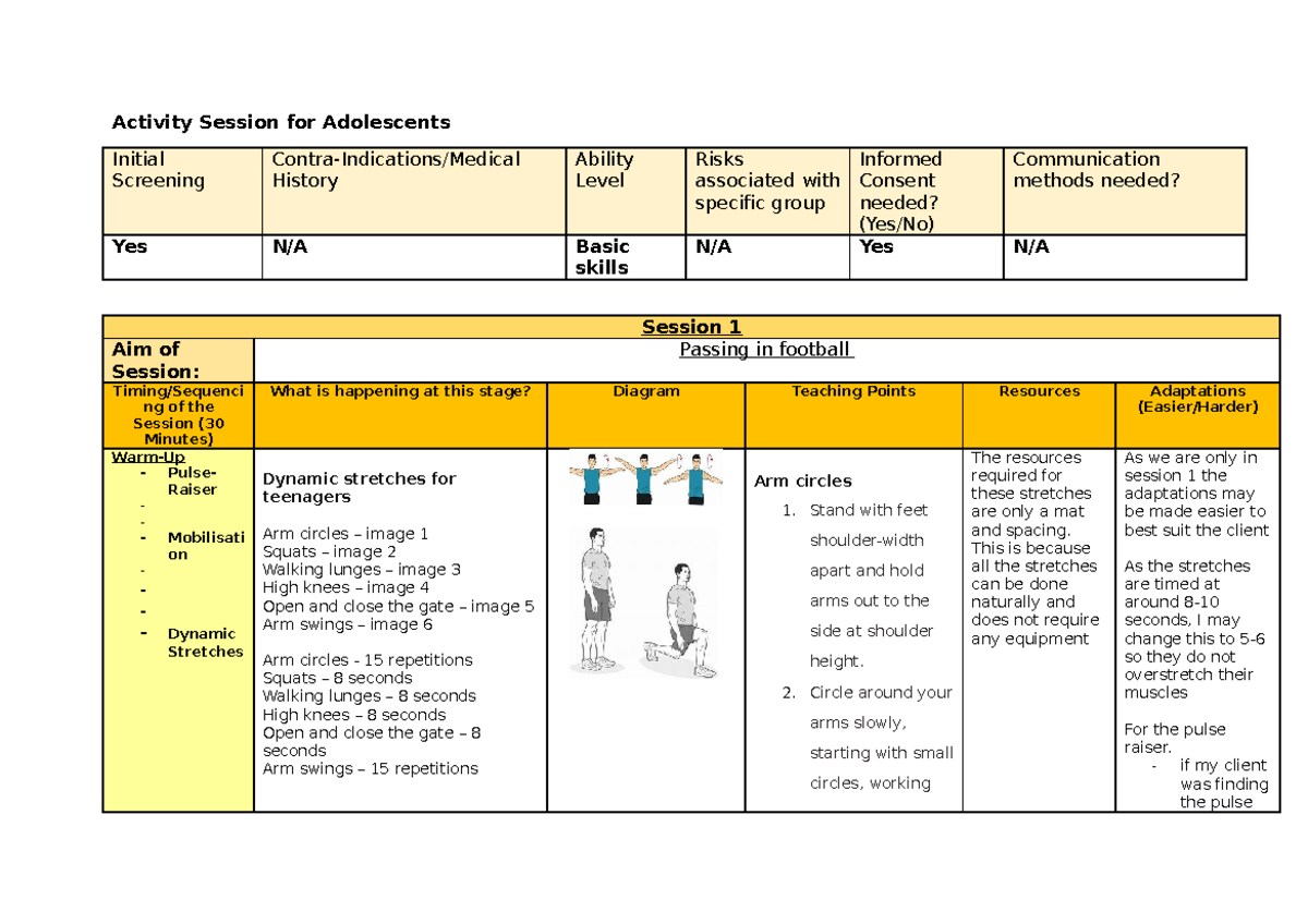 Session Plan Layout Guide - Activity Session for Adolescents Initial ...