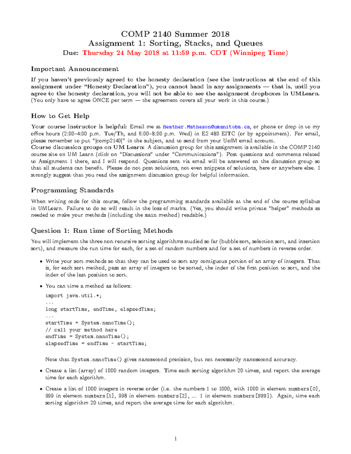 A1-COMP2140-Summer 2018 - COMP 2140 Summer 2018 Assignment 1: Sorting, Stacks, and Queues Due ...