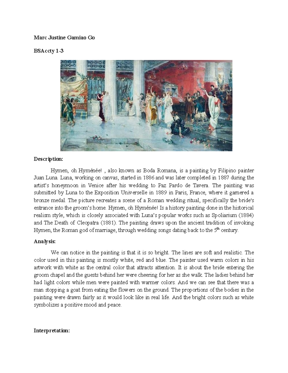 Application of art - Marc Justine Gamiao Go BSAccty 1- Description ...