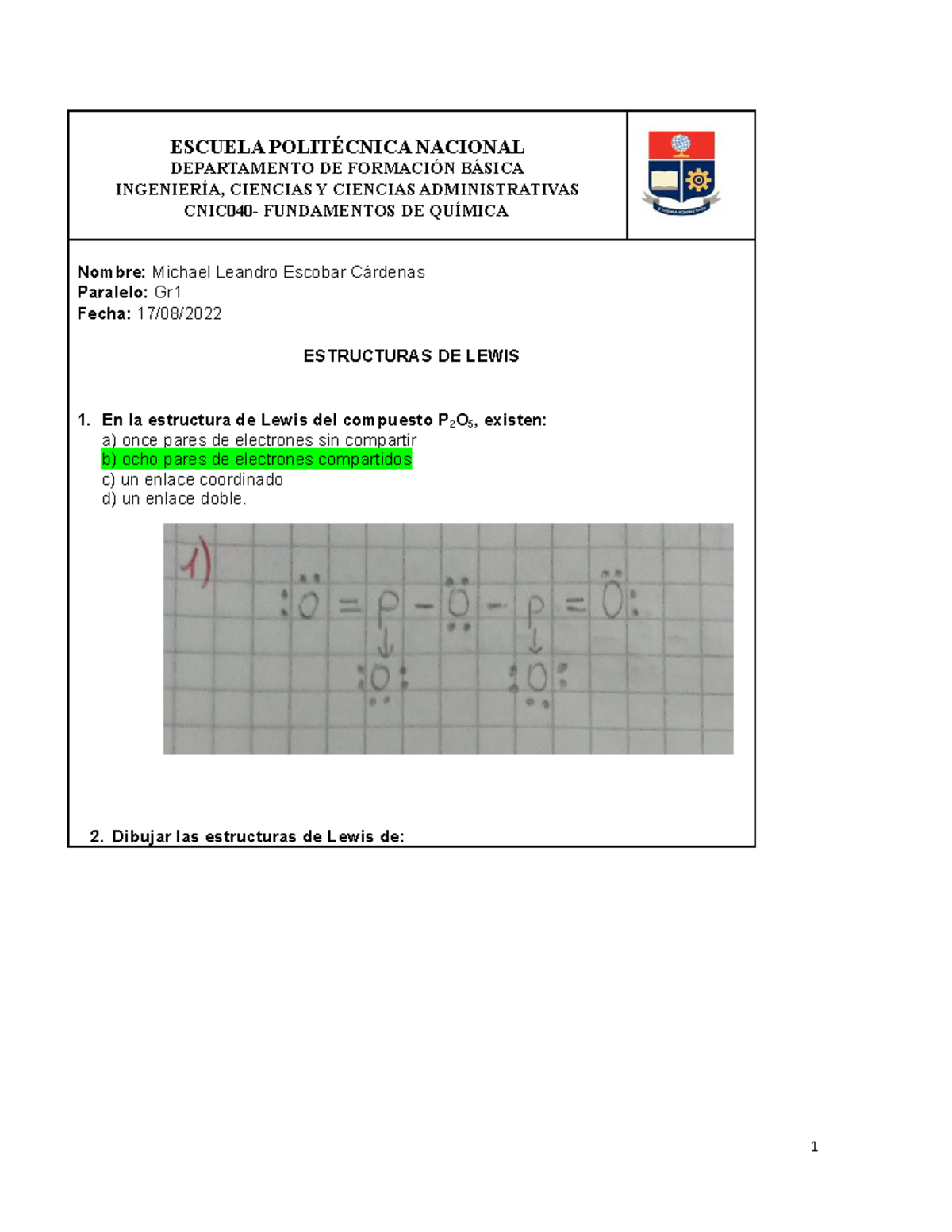 Tarea 15 Estructuras de Lewis - ESCUELA POLITÉCNICA NACIONAL ...