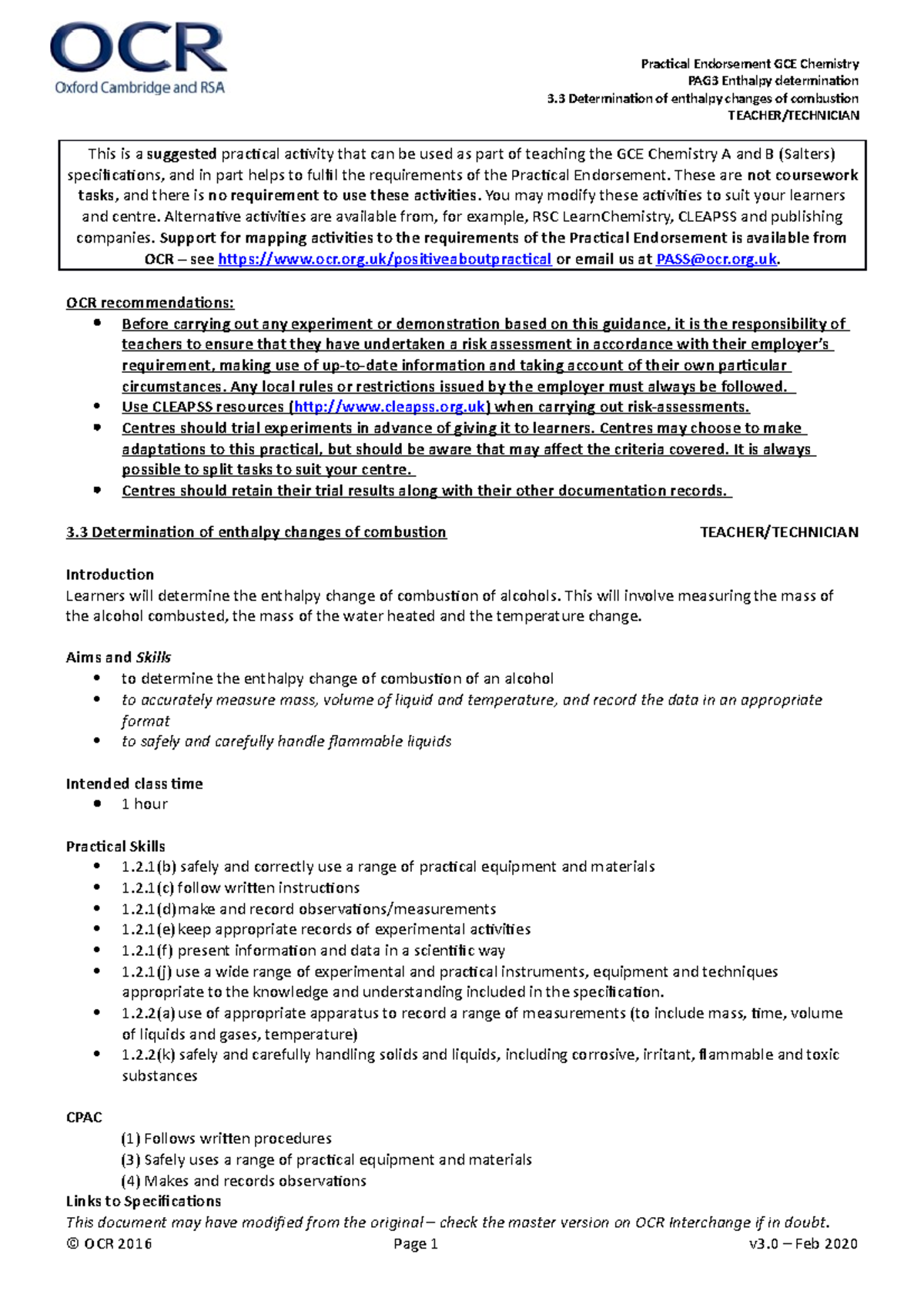 Chemistry PAG 3.3 Teacher v3 - PAG3 Enthalpy determination 3 ...