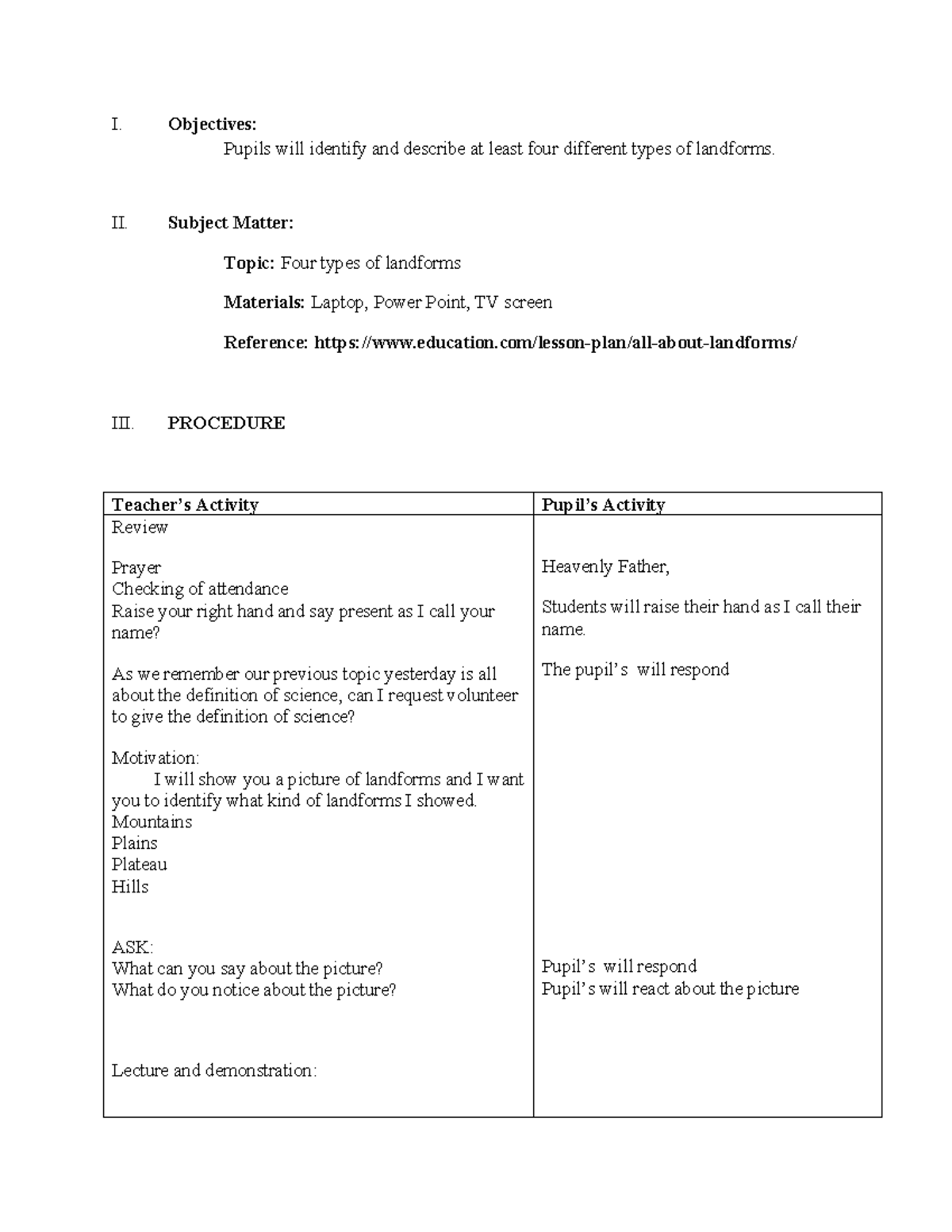 554869594 Landforms lesson plan - I. Objectives: Pupils will identify ...
