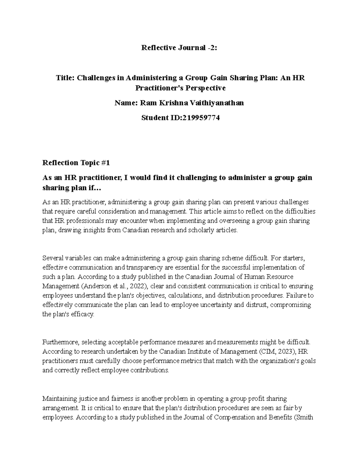 Reflective Journal -2 - Notes and assignments - Ap/Hrm 3490 - Yorku ...