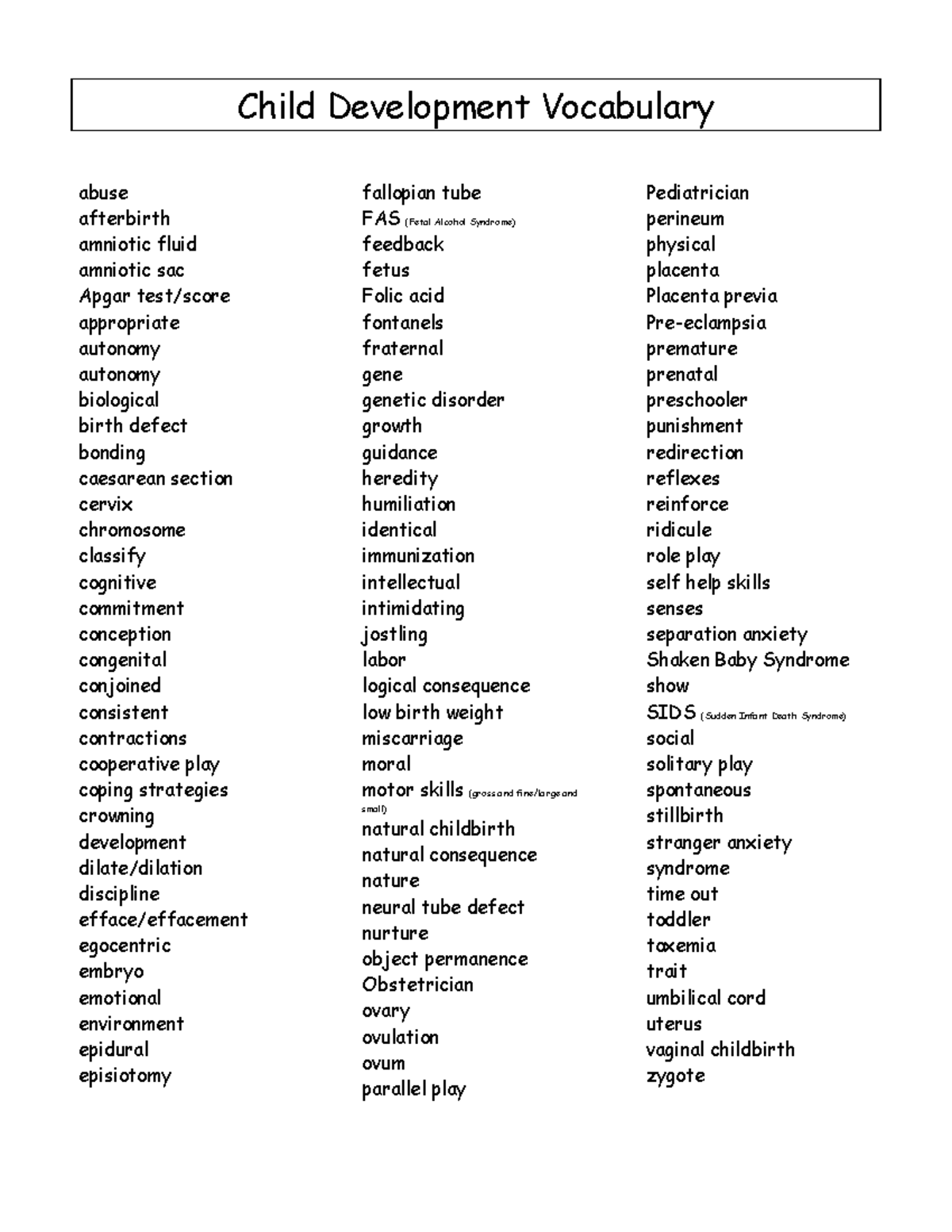 Gen Child Development Vocabulary - Child Development Vocabulary abuse ...